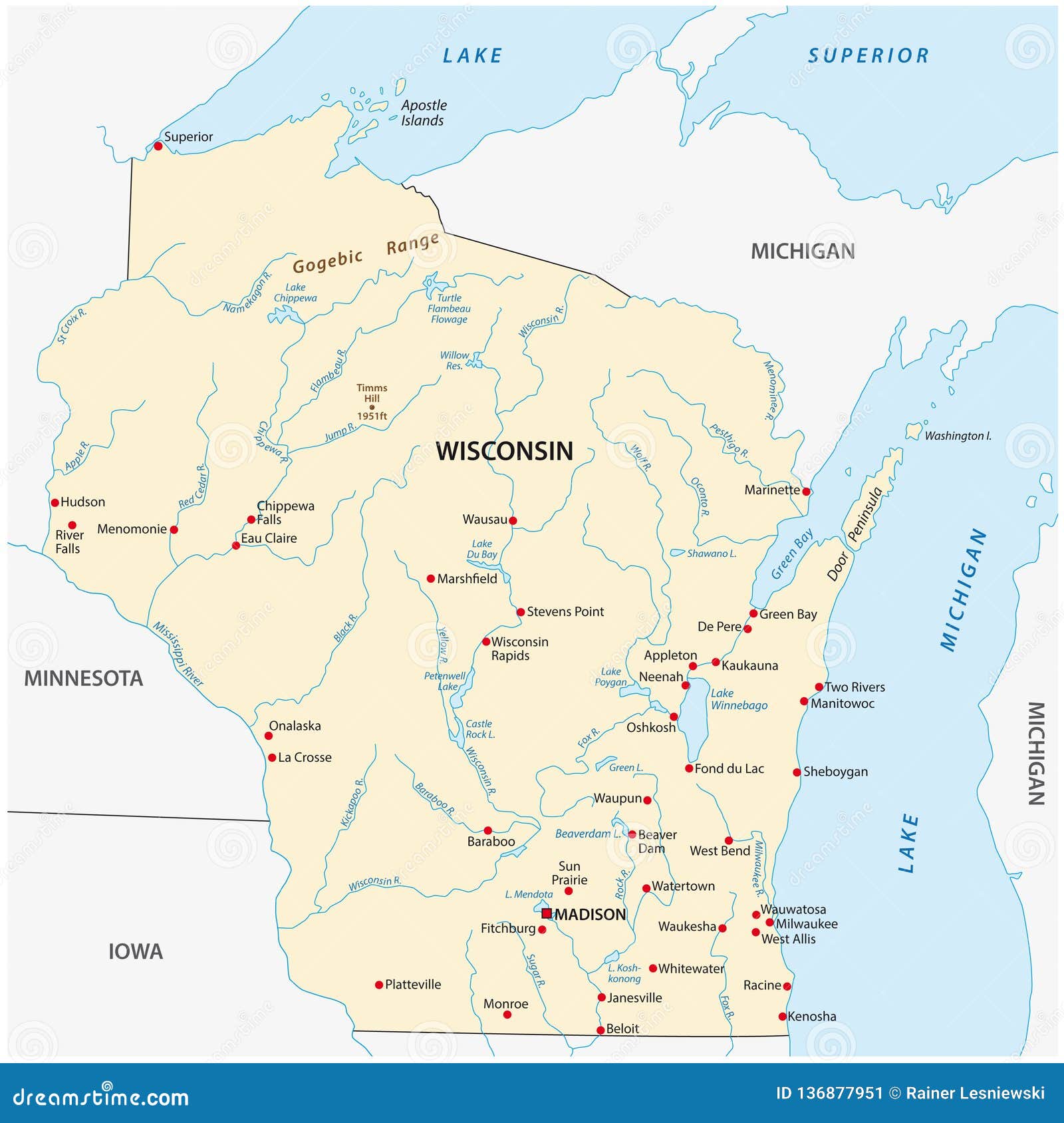 U.S. State Of Wisconsin, Subdivided Into 72 Counties, Political Map ...