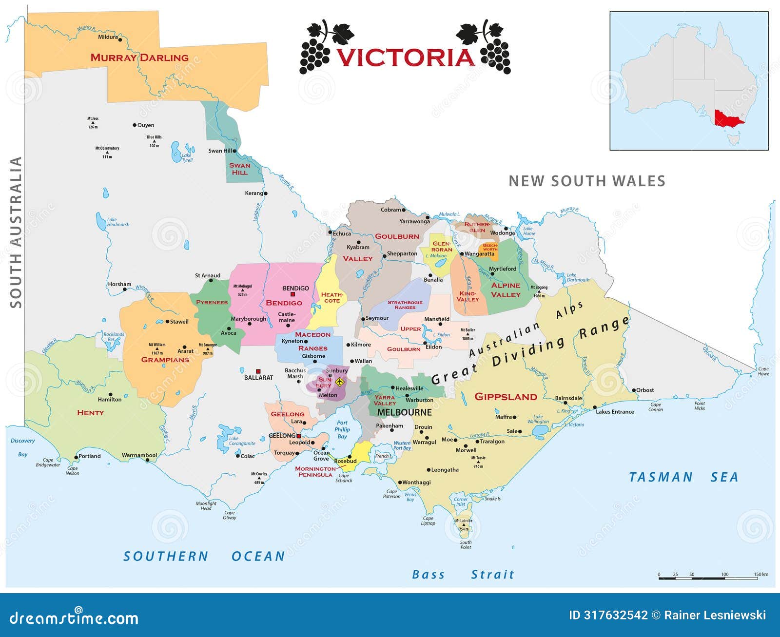 Vector Map of the Wine Growing Regions of the Australian State of ...