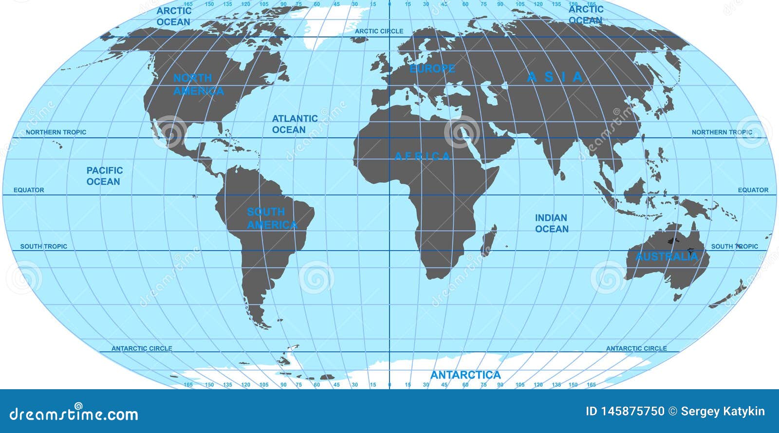 Vector Map of the World. Oceans and Continents on a Flat Projection ...