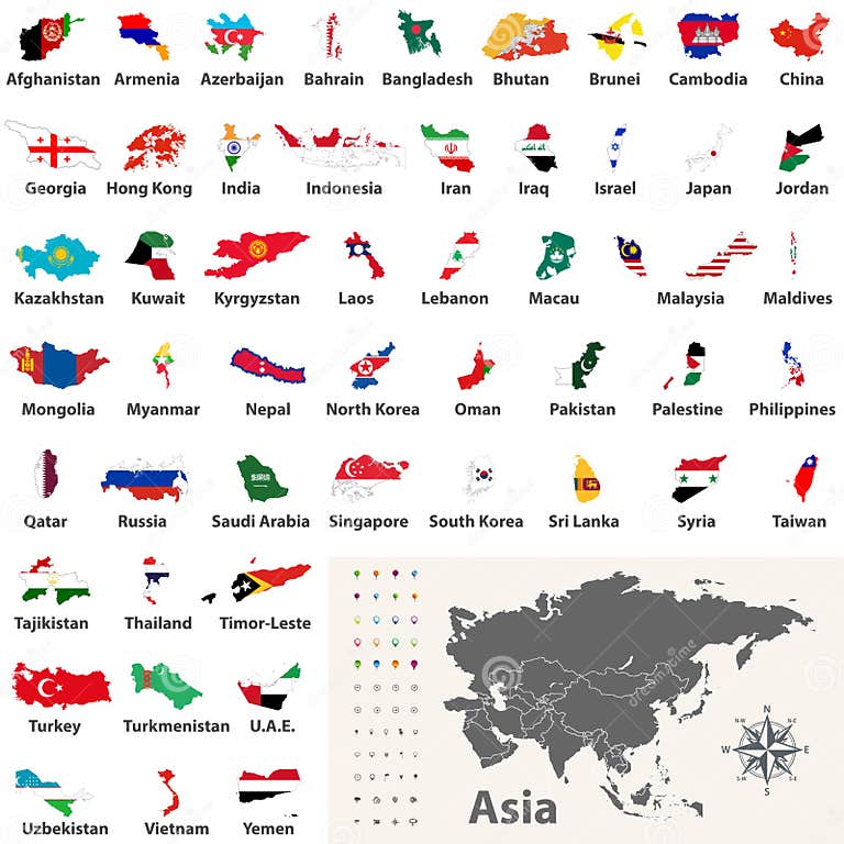 Vector Maps and Flags of All Asian Countries Arranged in Alphabetical ...