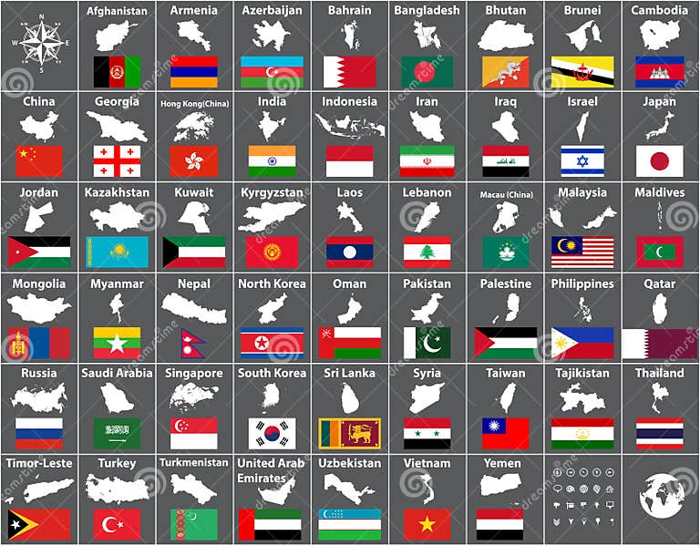 Vector Maps and Flags of All Asian Countries Arranged in Alphabetical ...