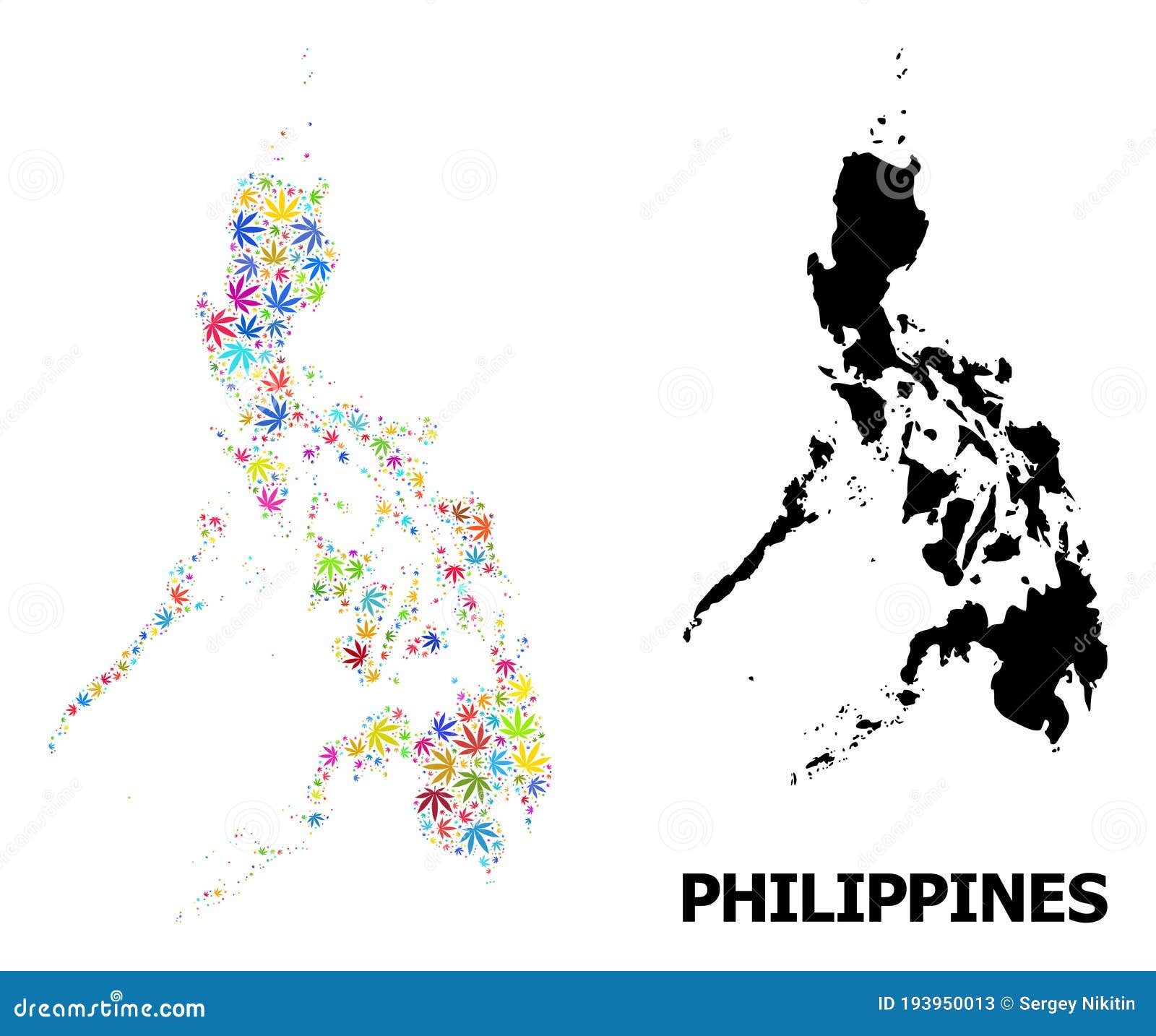 Vector Mosaic Map of Philippines of Colorful Hemp Leaves and Solid Map ...