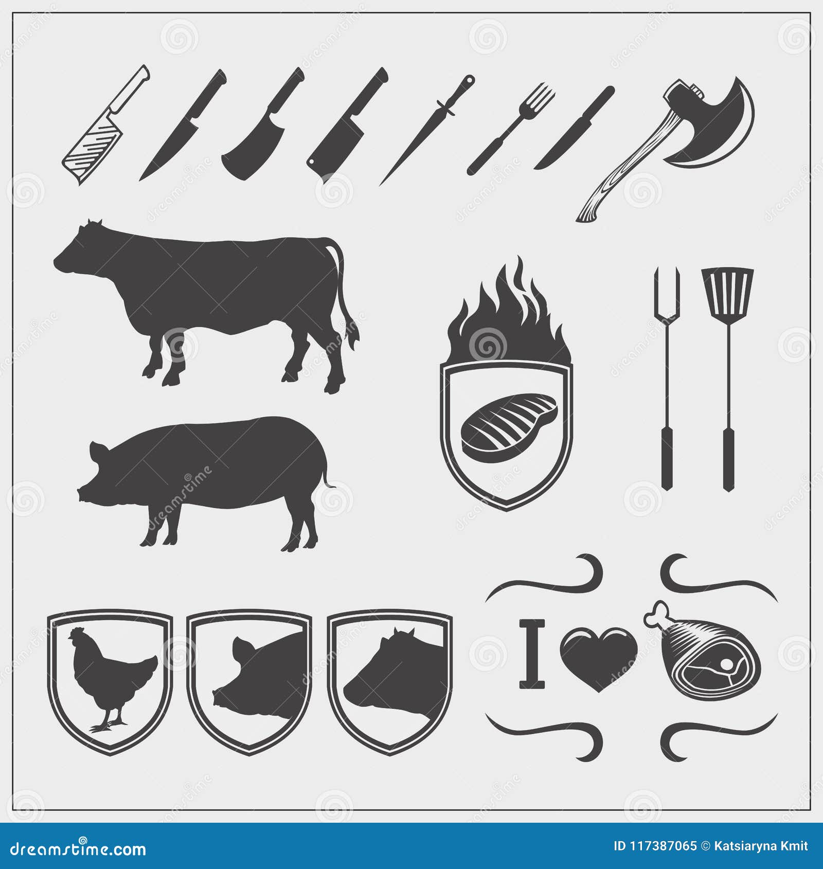 Meat Logos, Labels and Design Elements. Silhouettes of Animals Stock ...