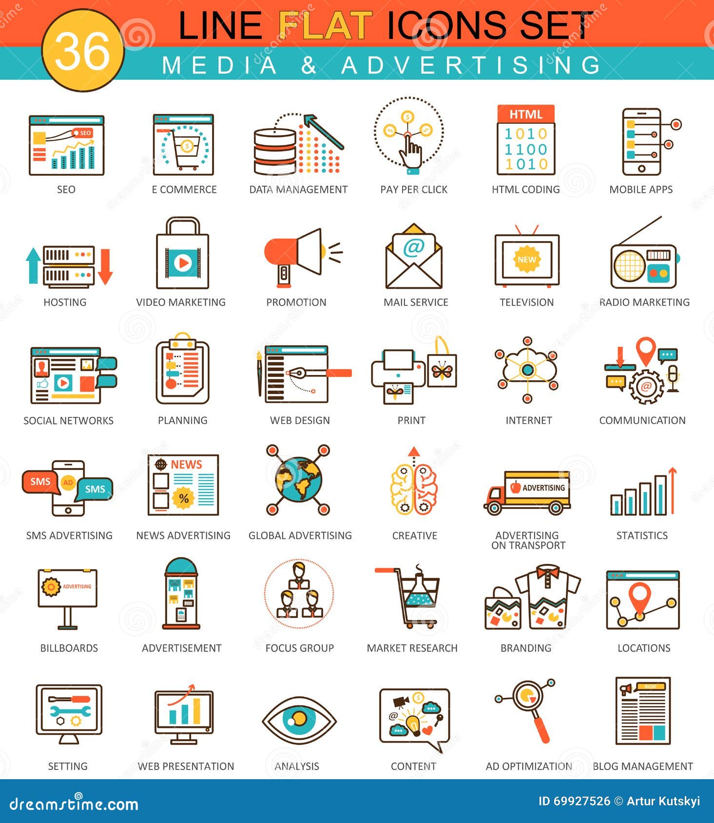 Media Advertising Complex Line Vector Illustration Set. Red Black Thin ...