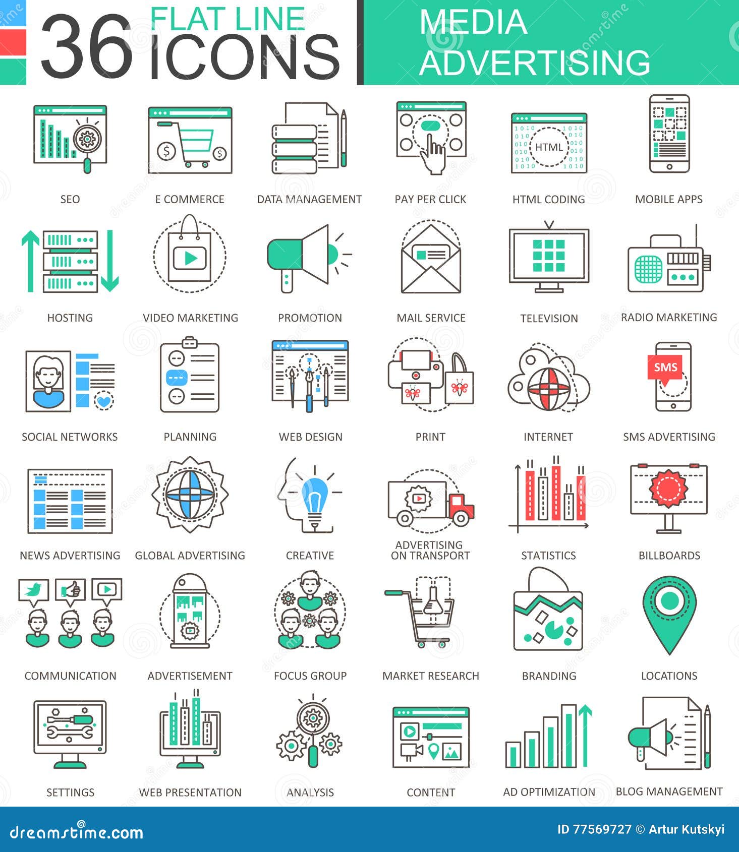 Media Advertising Complex Line Vector Illustration Set. Red Black Thin ...