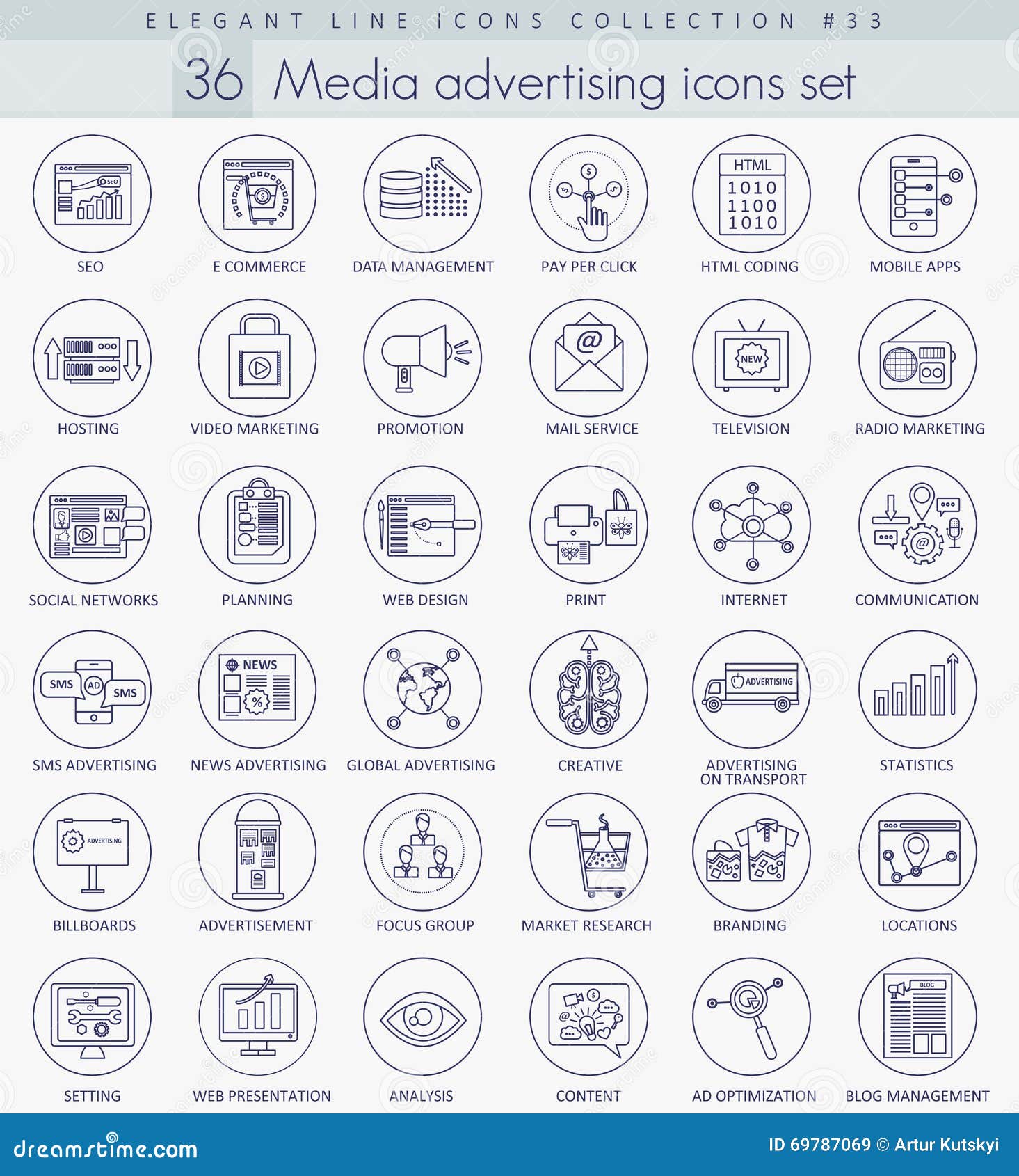 Vector Media Advertising Outline Icon Set Elegant Thin Line Style