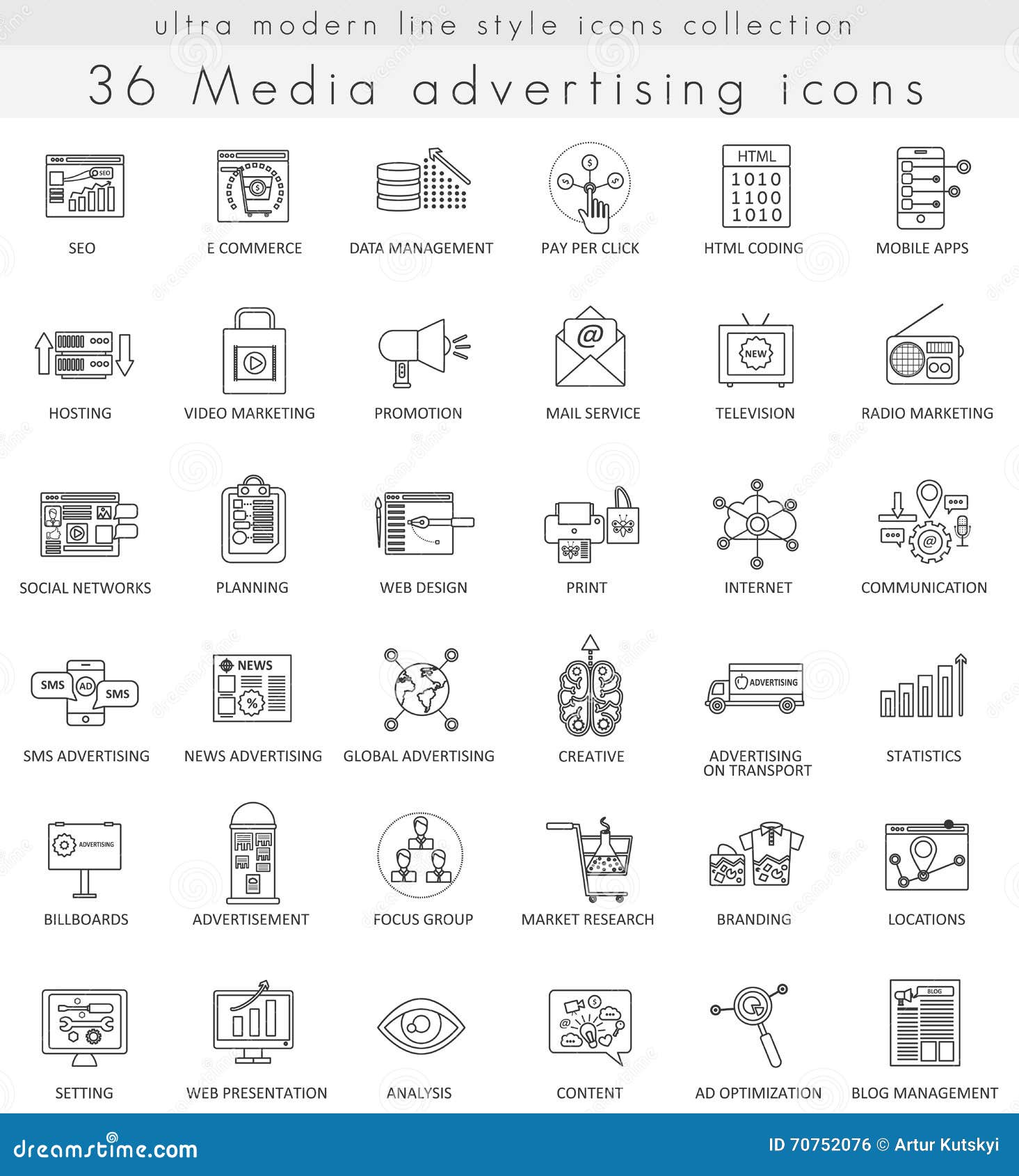 Media Advertising Complex Line Vector Illustration Set. Red Black Thin ...
