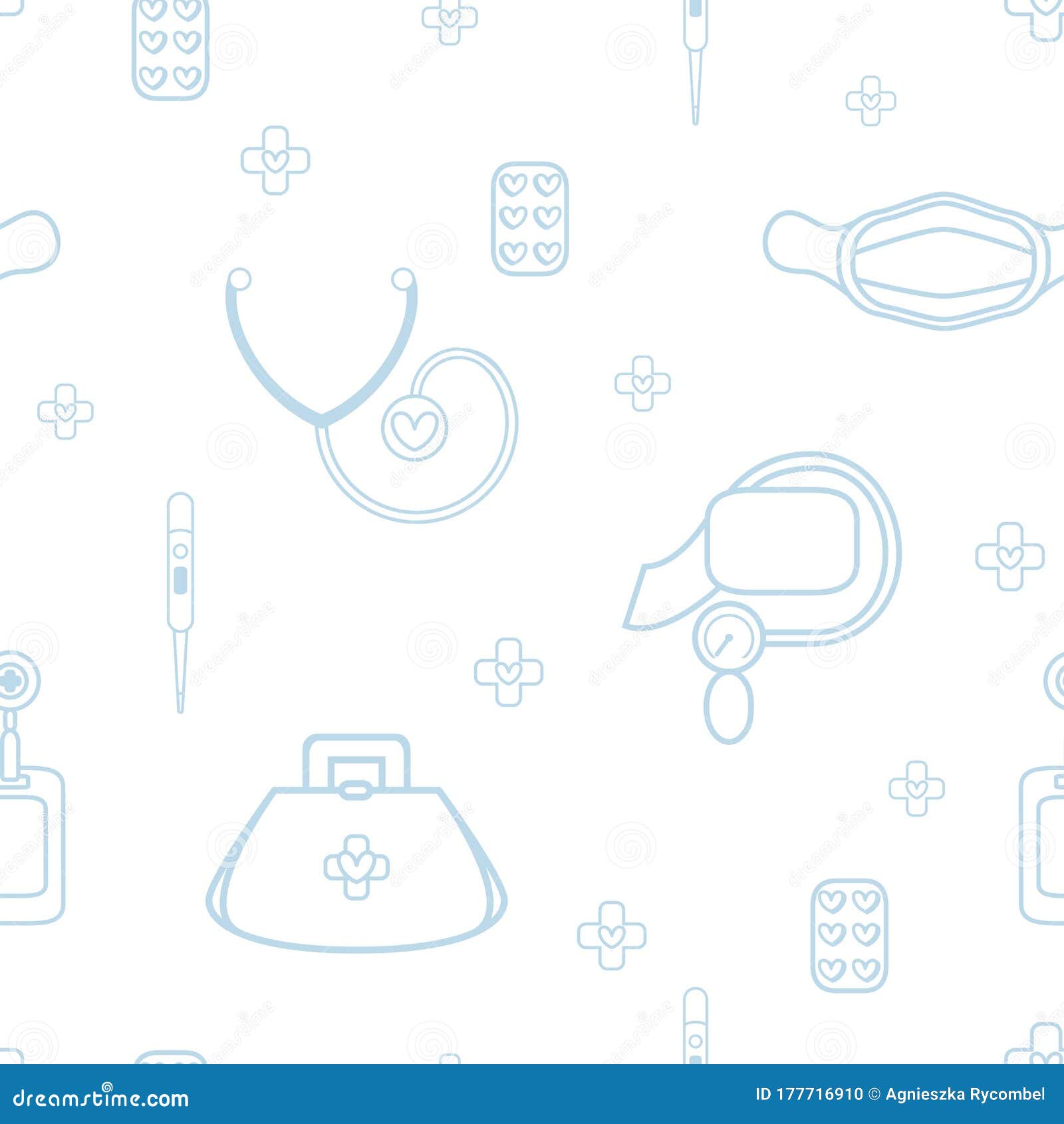 Vector Medical Supplies Lineart on White Eamless Pattern Background ...