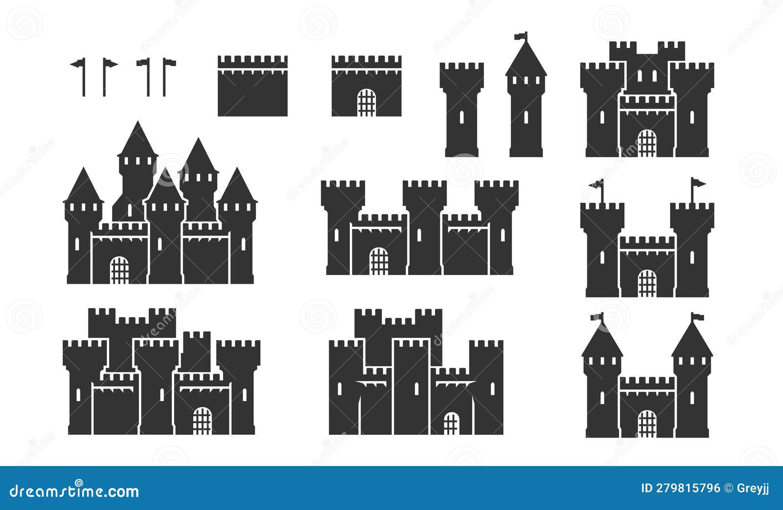Vector Medieval Castles Set in Glyph Style Stock Vector - Illustration ...