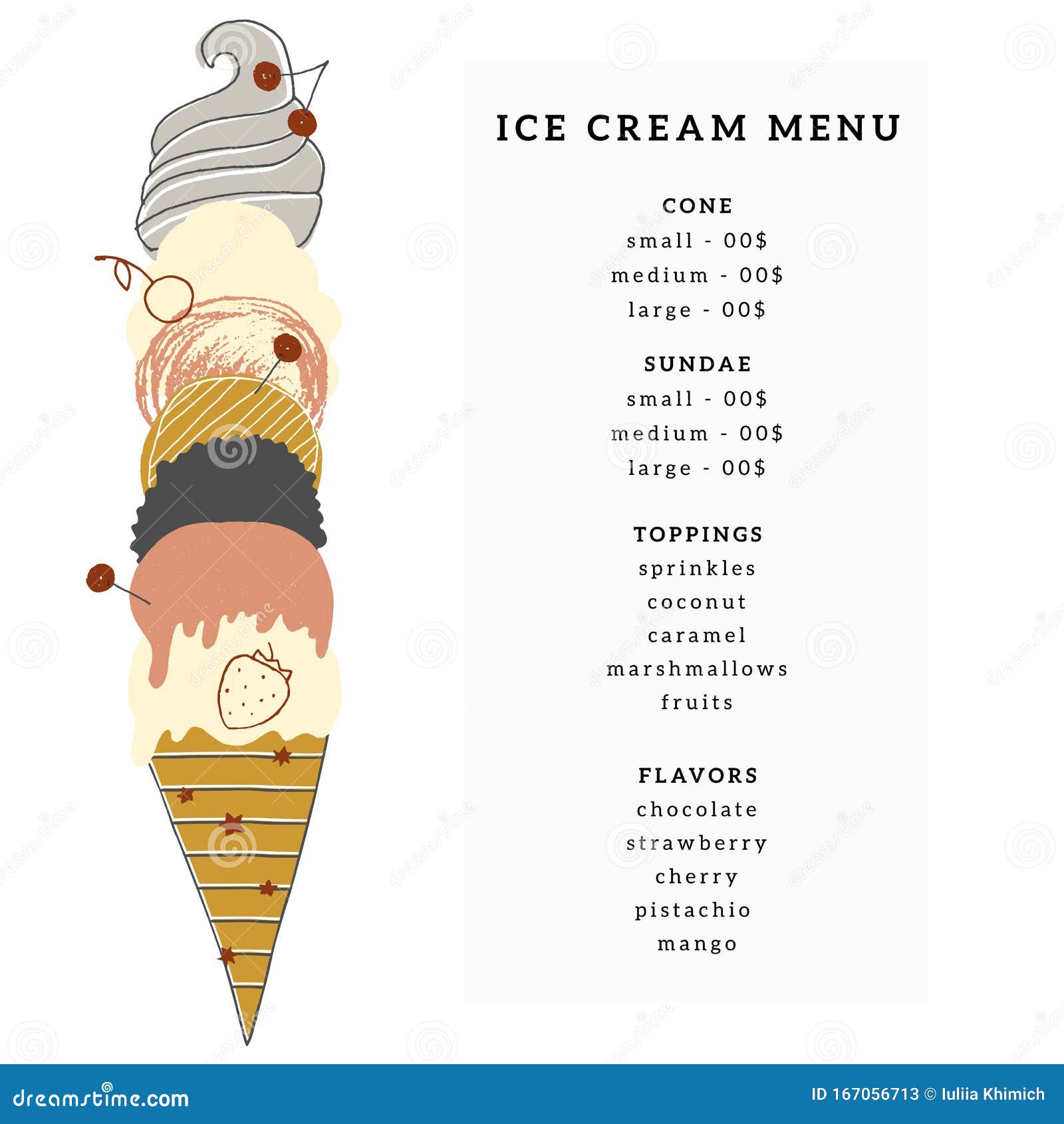 Vector Menu Template For Cafe Or Shop With Big Hand Drawn Ice Cream
