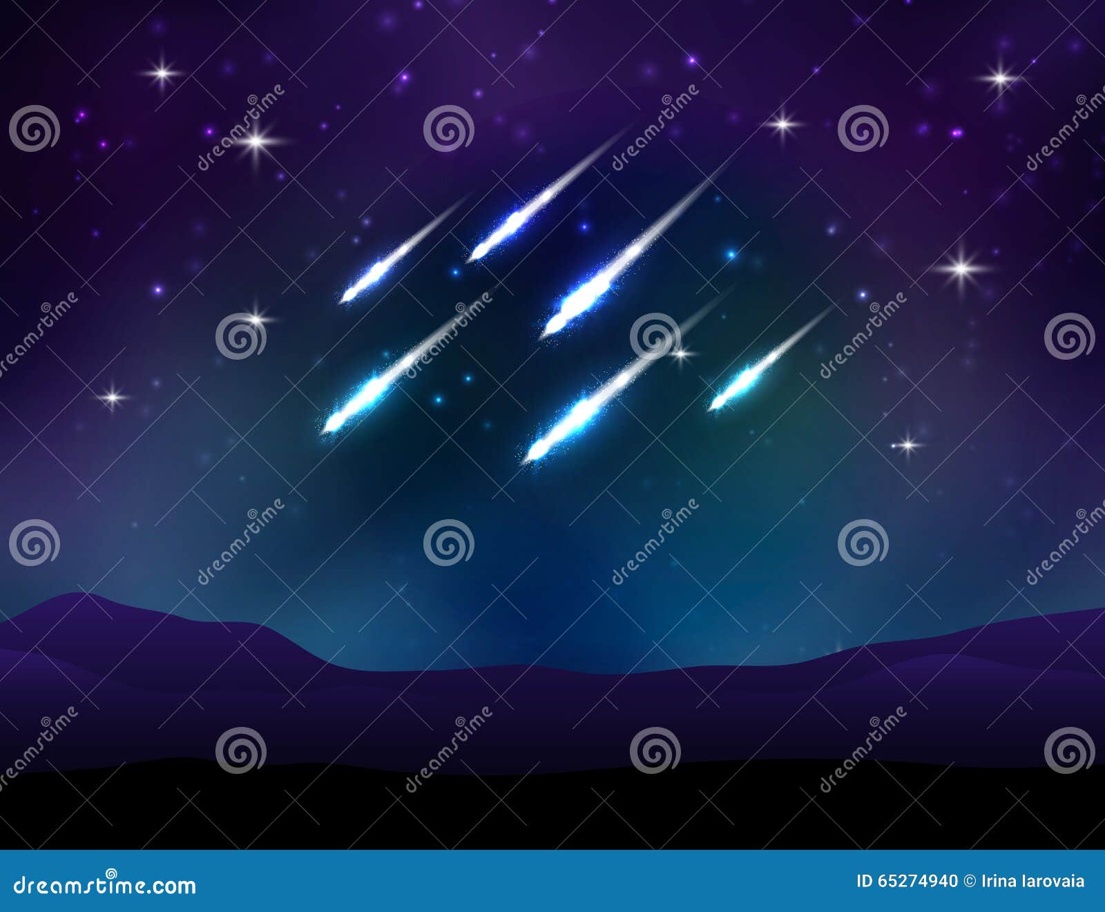 Vector Meteor Rain, Tent And Fir Trees, Shining Meteors On The Sky ...