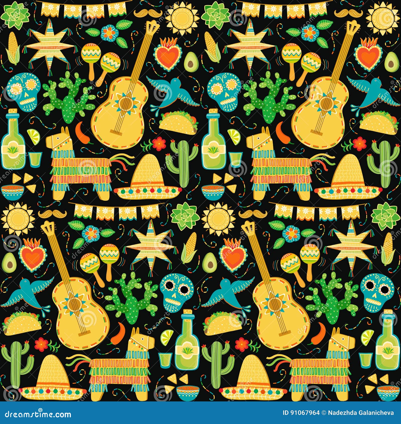 Mexico Seamless Pattern Doodle Elements, Hand Drawn Sketch Mexican ...