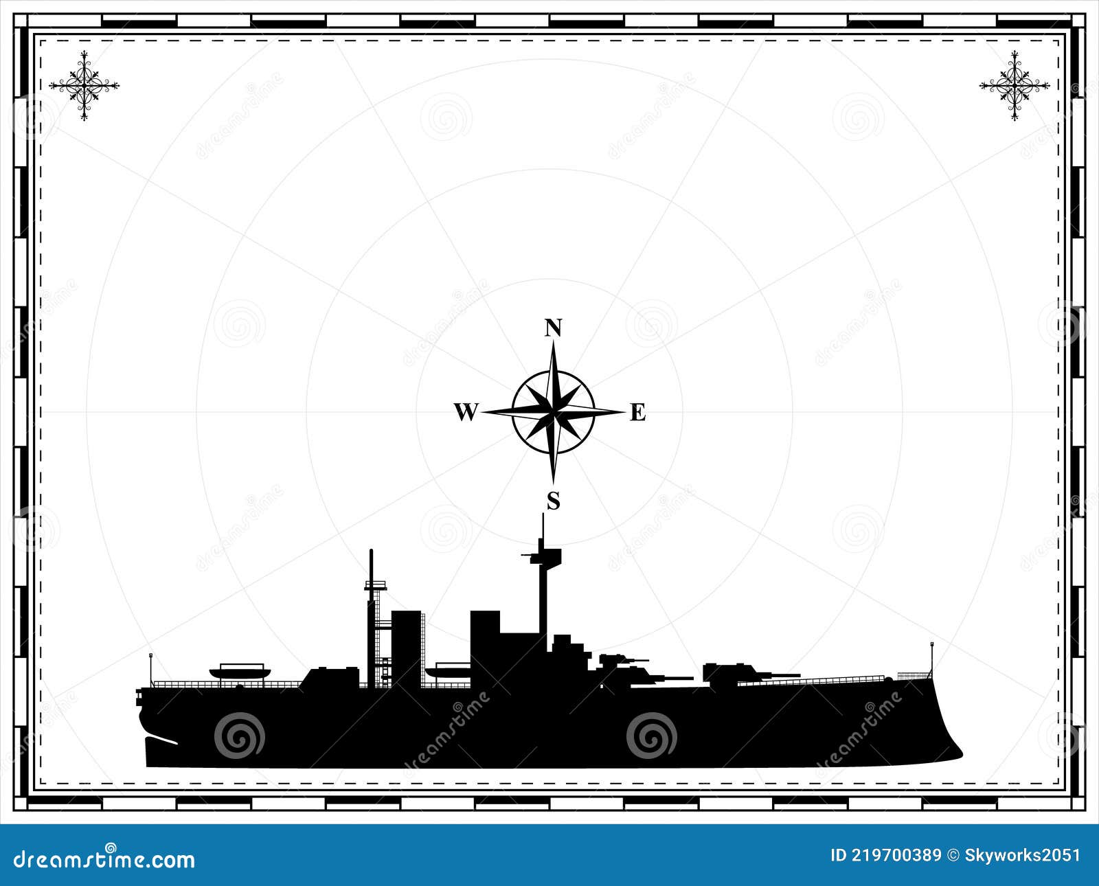 Vector Military Ship on the Background of the Map. Wind Rose Stock ...