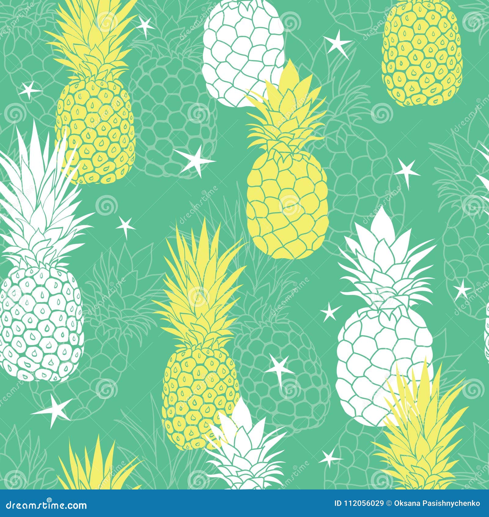 Vector Mint Green and Yellow Pineapples and Stars Summer Tropical Seamless Pattern Background ...