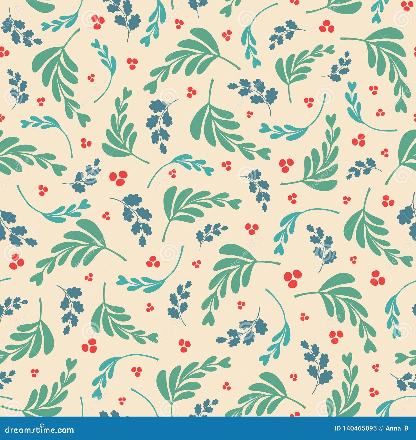 Vector Mixed Leaves and Berries Repeat Seamless Pattern. Stock Vector ...