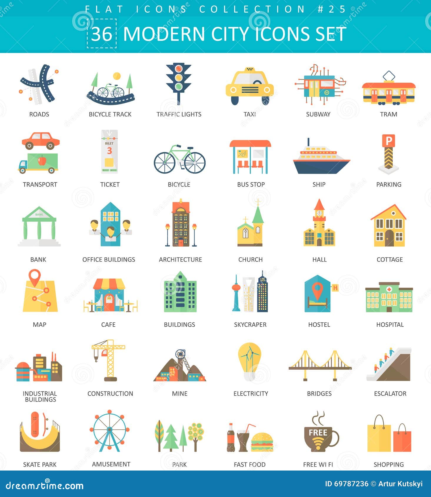 Vector Modern City Color Flat Icon Set. Elegant Style Design. Stock ...