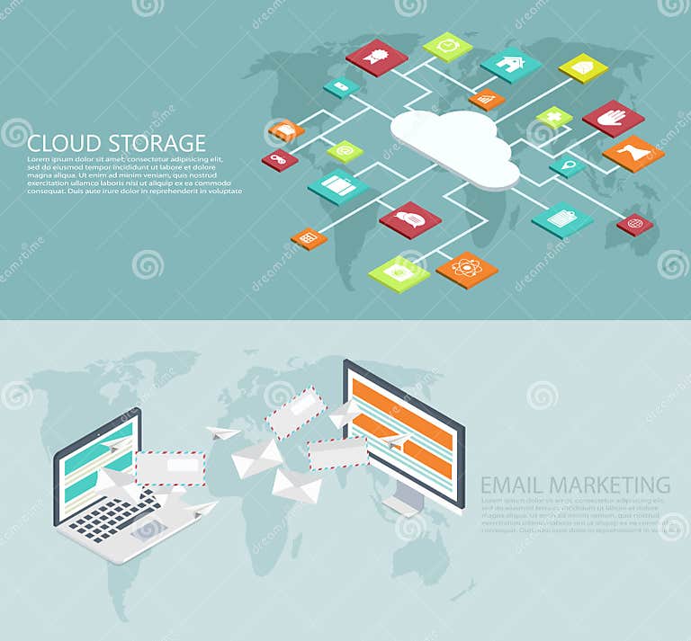 Vector Modern Flat Isometric Cloud Storage, Email Marketing Backgrounds ...