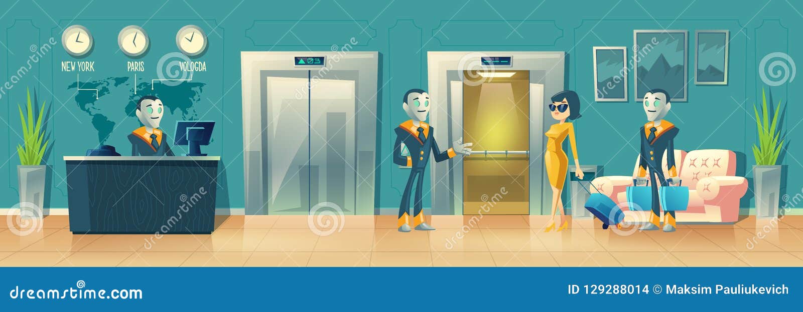 Hotel Reception. Young Woman Receptionist Stands At Reception Desk ...