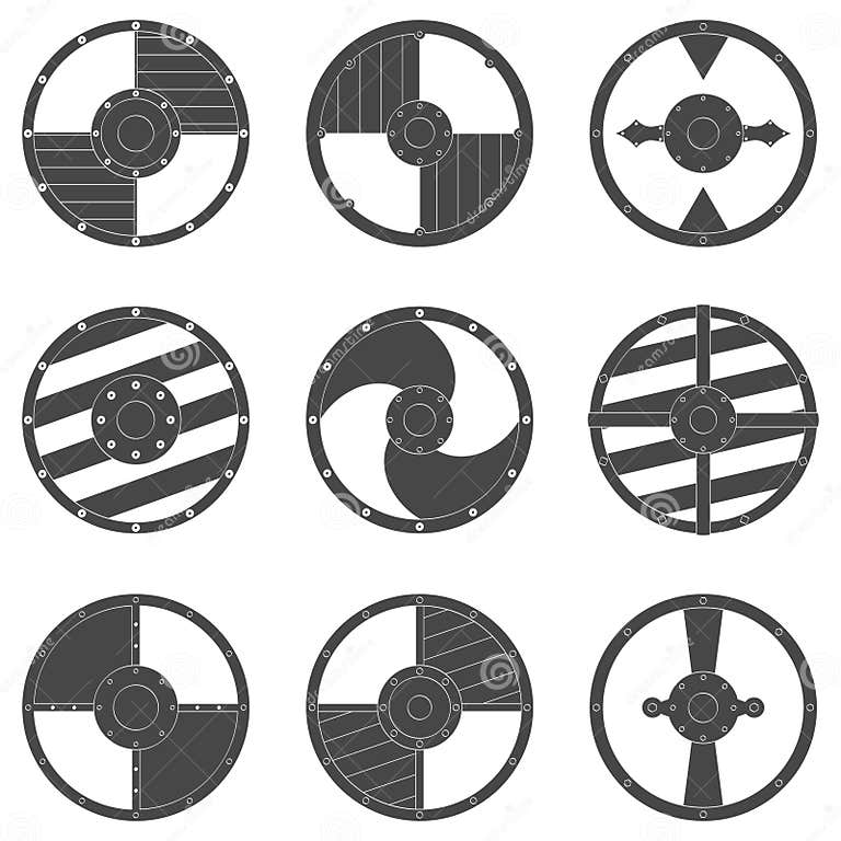 Vector Monochrome Icon Set with Ancient Shields Stock Vector ...