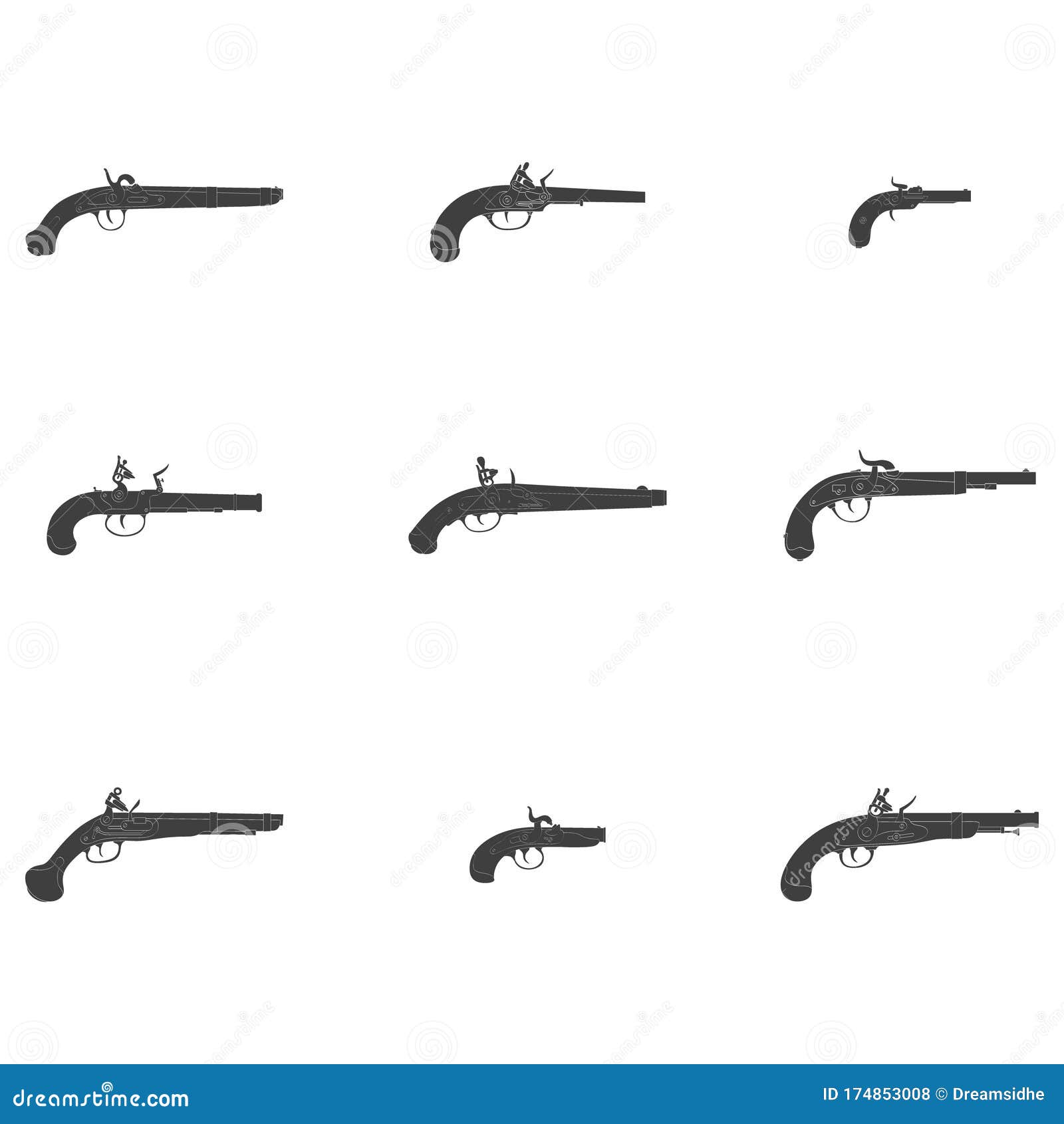 Vector Monochrome Icon Set with Old Pistols Stock Vector - Illustration ...