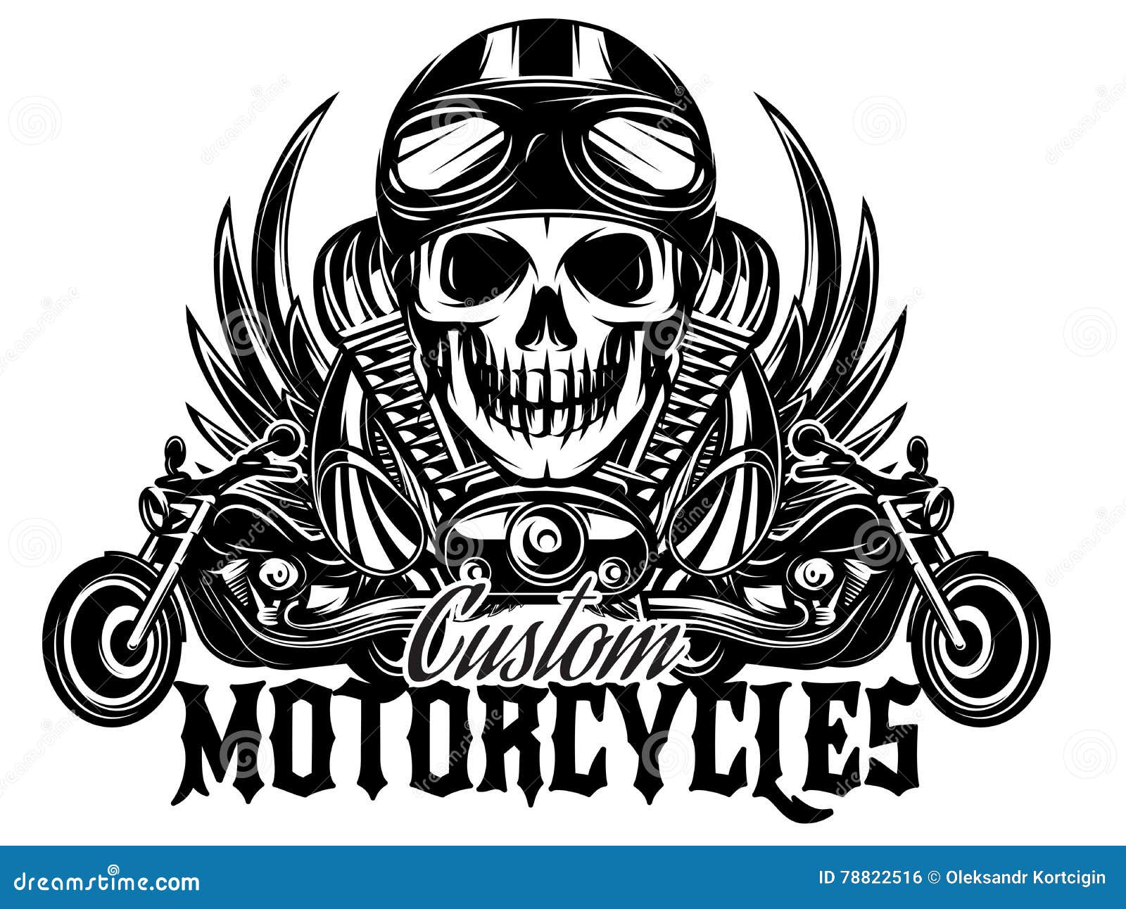 Vector Monochrome Illustration On A Motorcycle Theme With Skull And ...