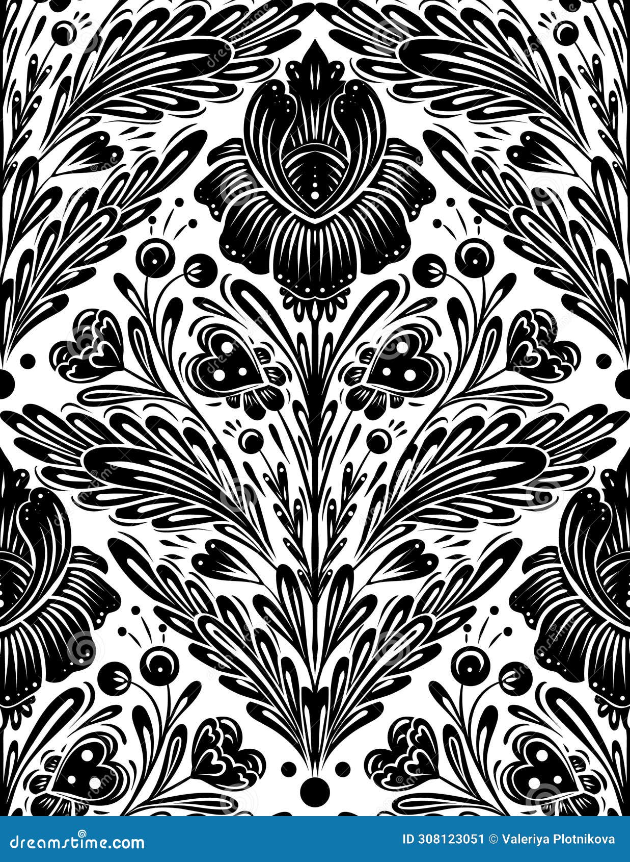 Vector Monochrome Seamless Floral Pattern Decorative Folk Art Texture
