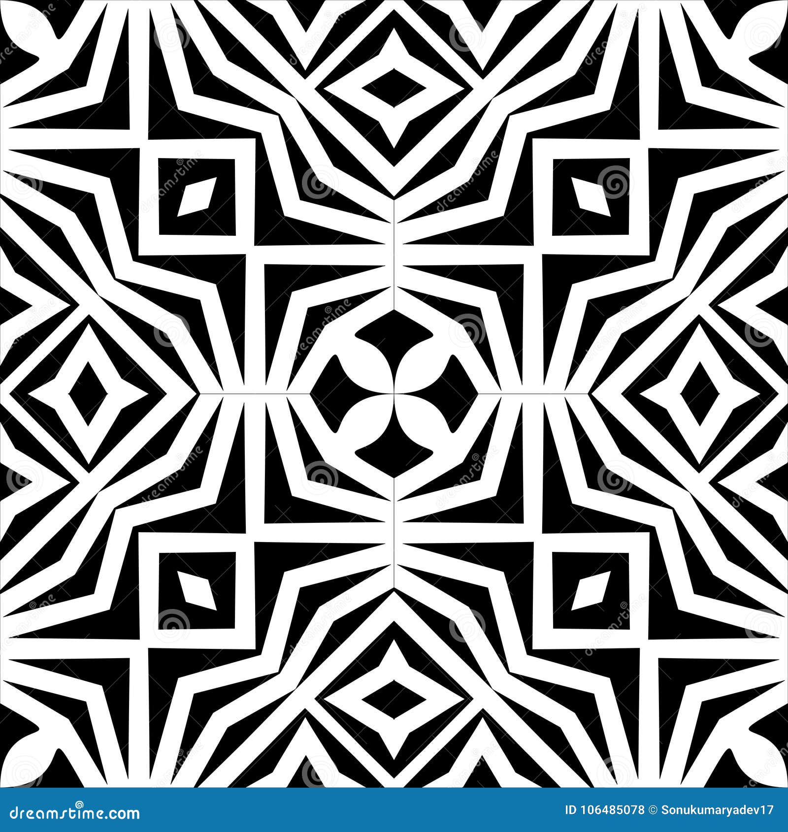 Vector Monochrome Seamless Pattern Abstract Geometric Floral Ornament