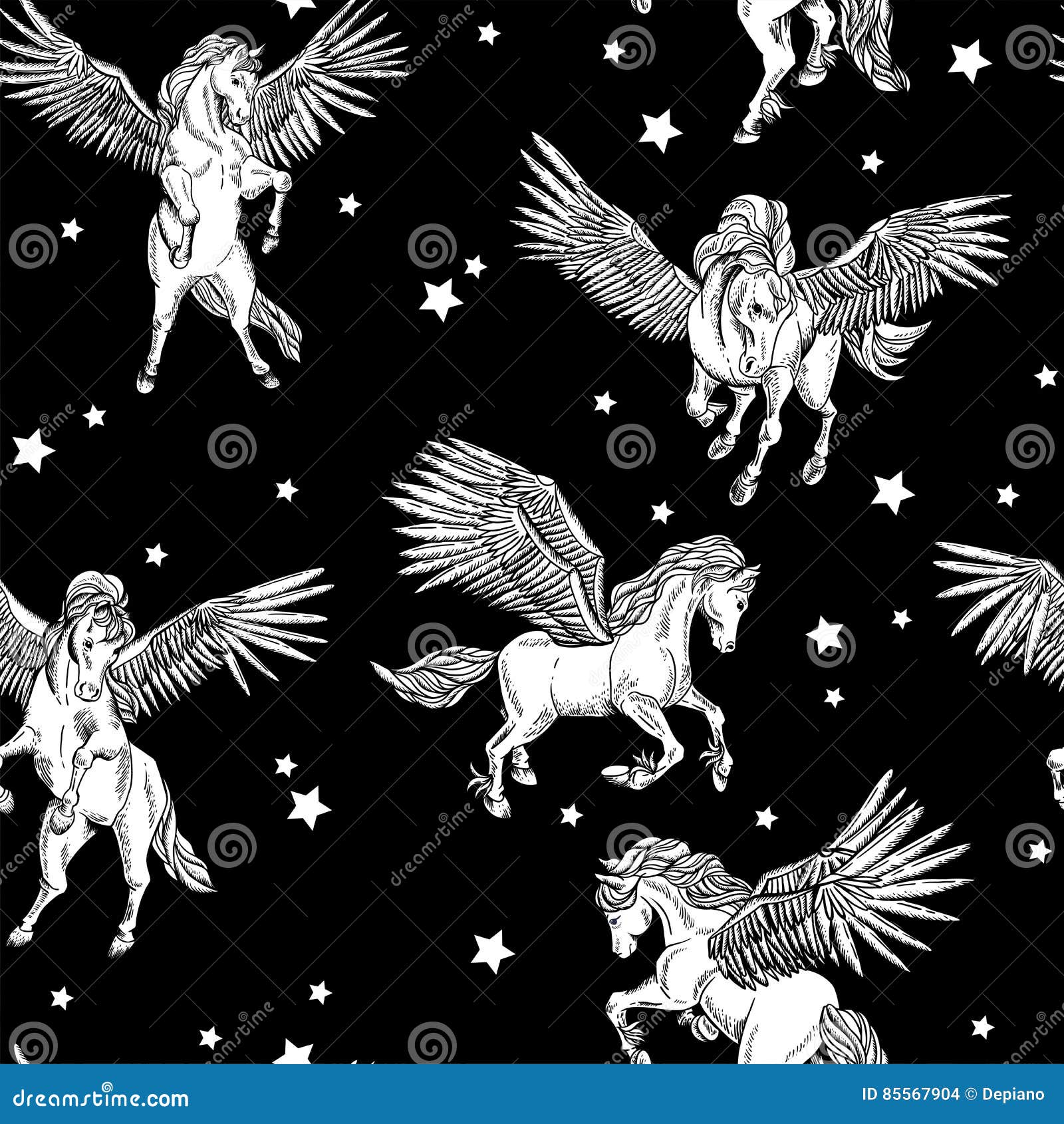 Vector Monochrome Seamless Pattern of Winged Pegasus Stock Vector - Illustration of drawing ...