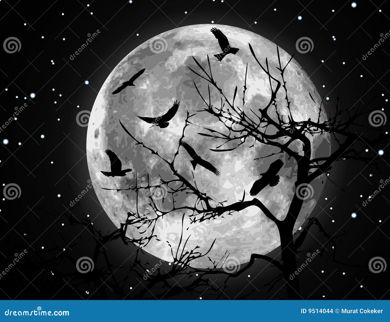 Vector Moon Illustration and Birds Stock Vector - Illustration of glow ...