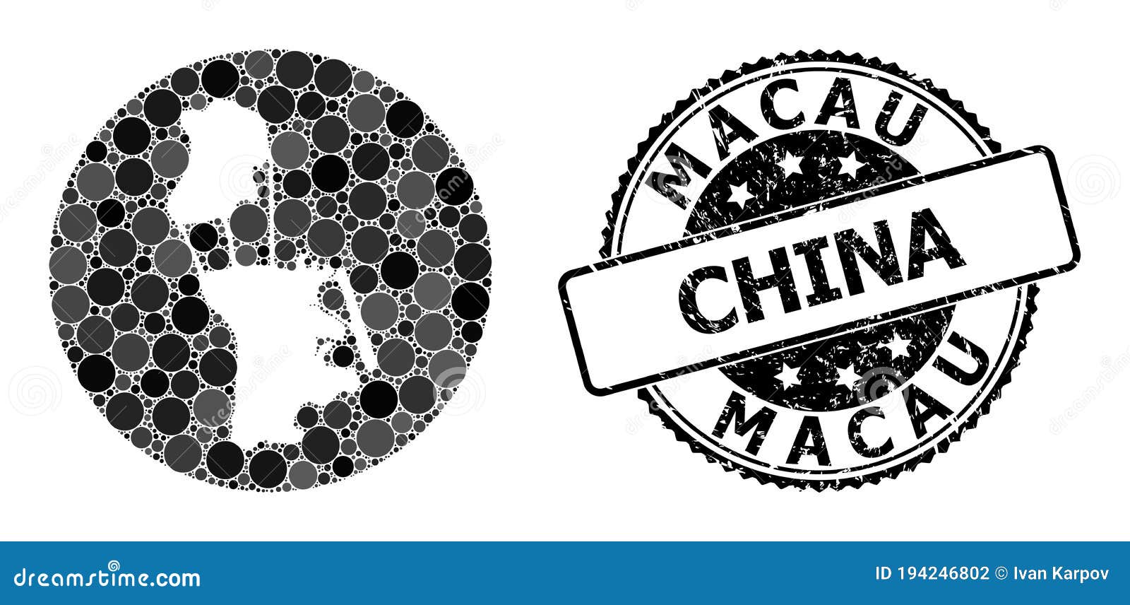 Mosaic Hole Circle Map of Macau and Scratched Seal Stock Vector ...