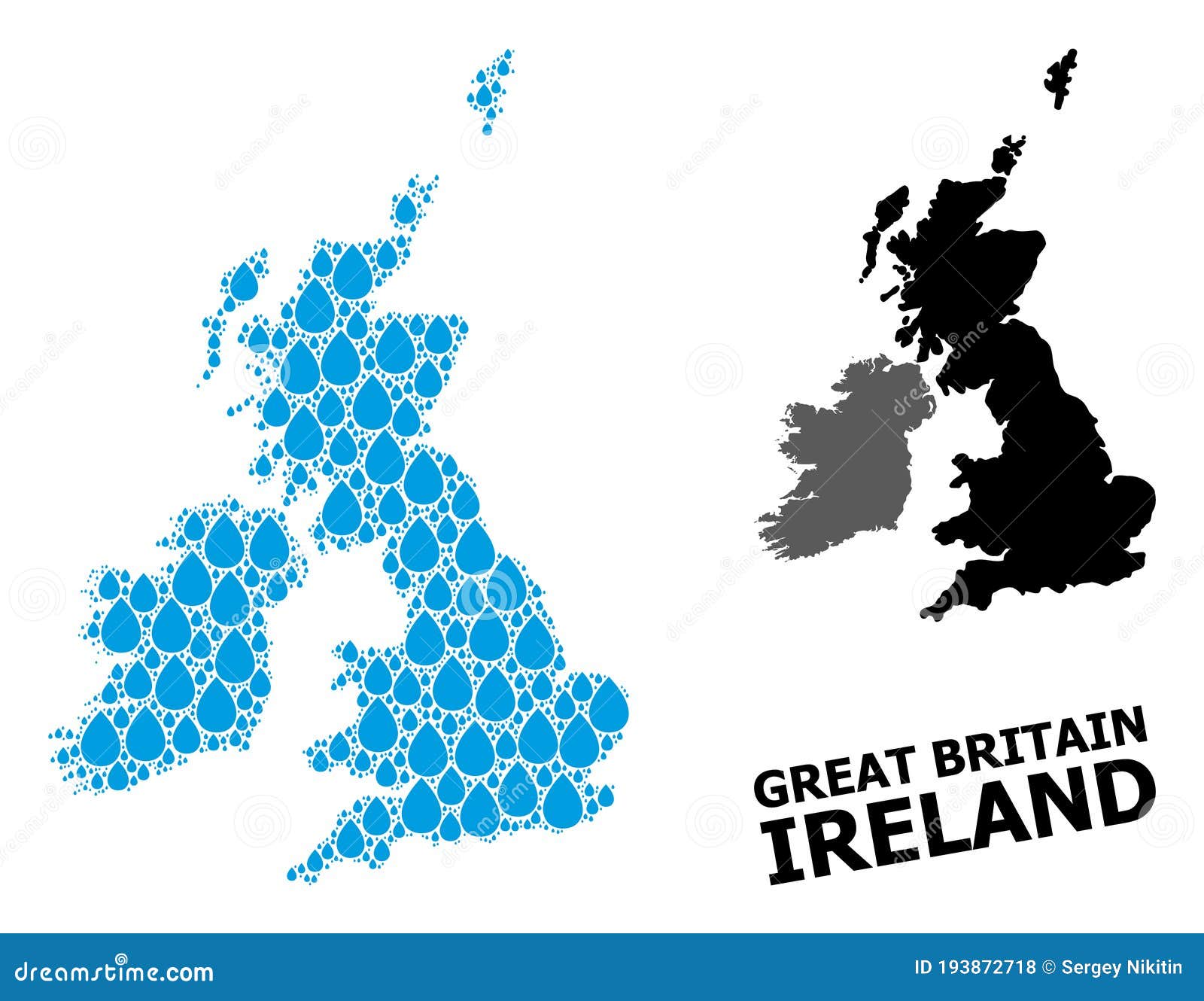 Vector Mosaic Map of Great Britain and Ireland of Water Dews and Solid ...