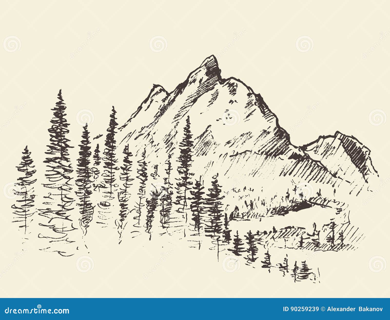 Vector Mountain Peak Pine Forest Hand Drawn Stock Vector - Illustration ...