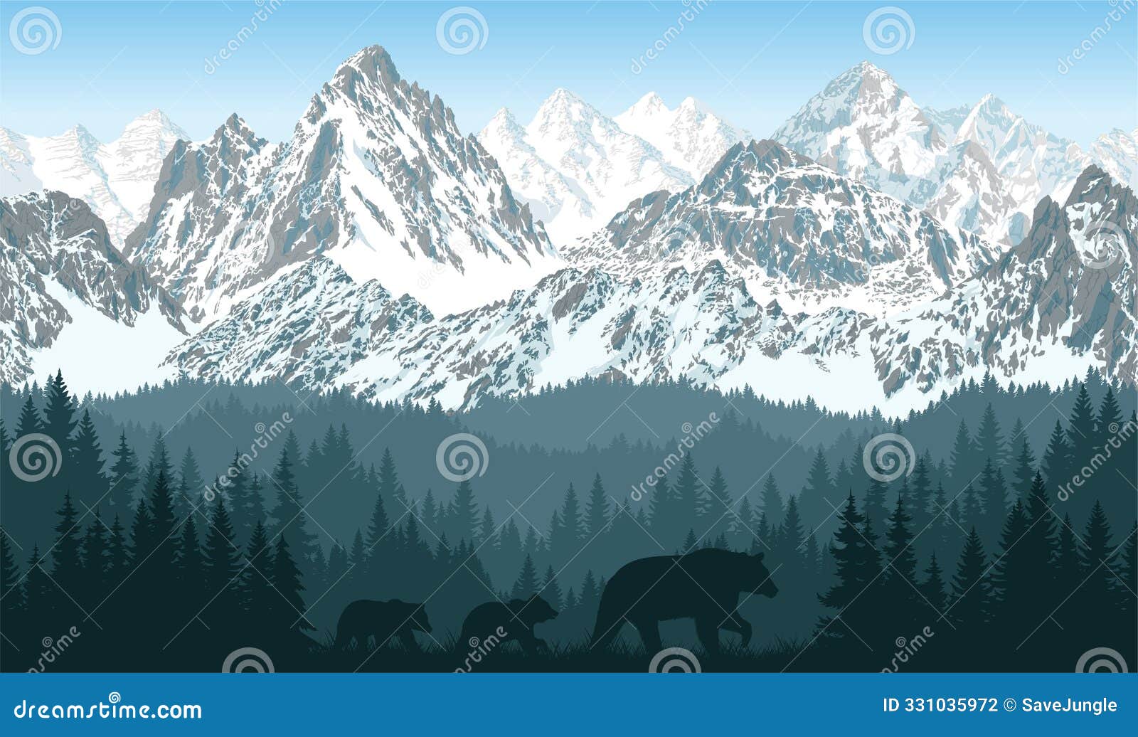 Vector Mountains Forest Woodland Seamless Pattern with Black Bear ...