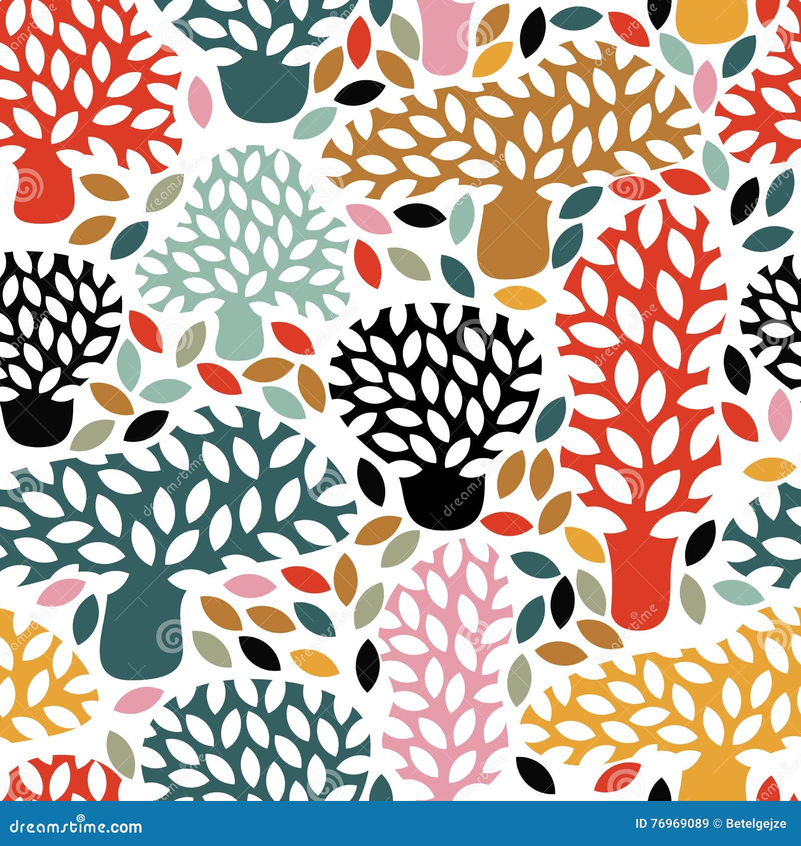 Vector Multicolor Seamless Pattern with Hand Drawn Doodle Trees. Stock ...
