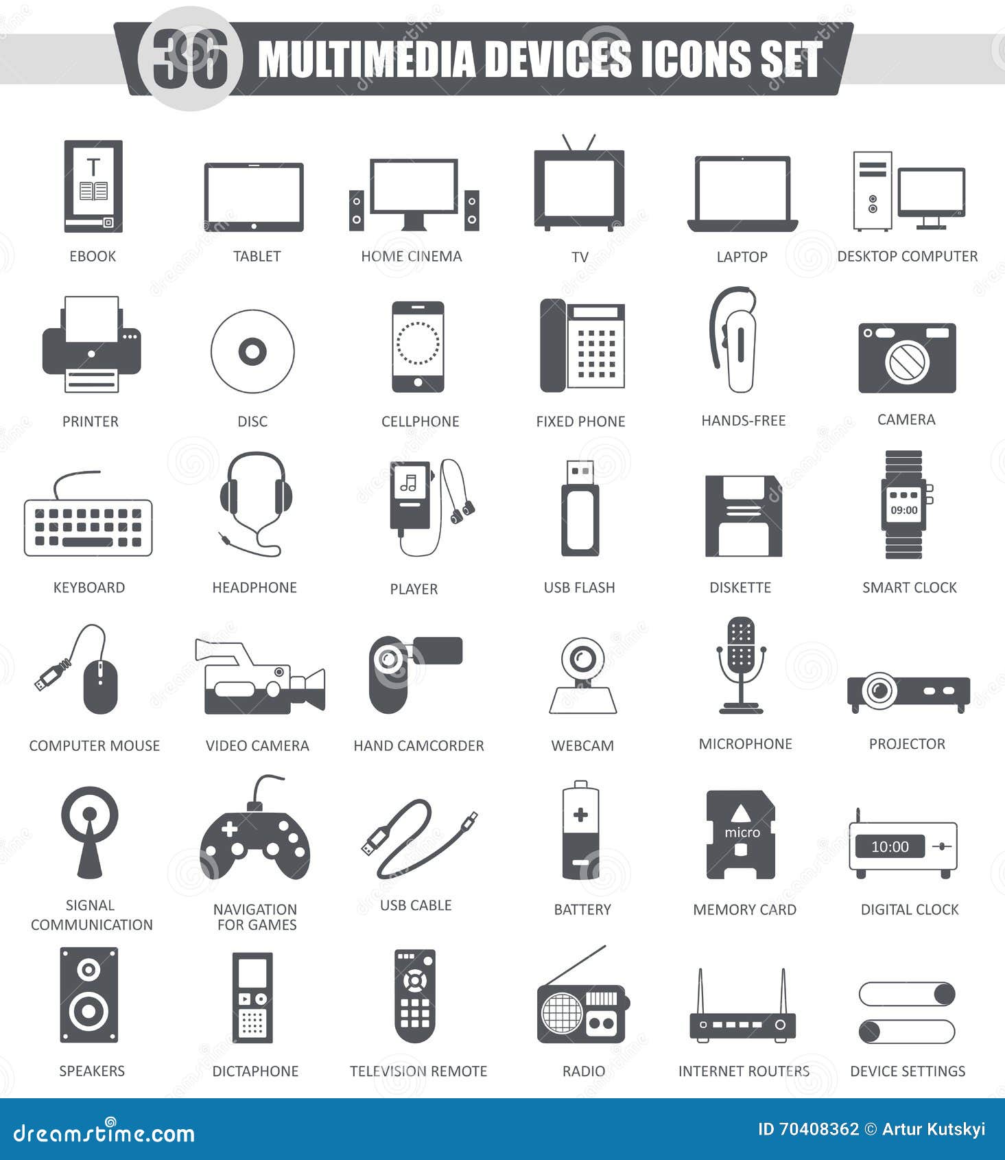Vector Multimedia Devices Black Icon Set. Dark Grey Classic Icon Design ...