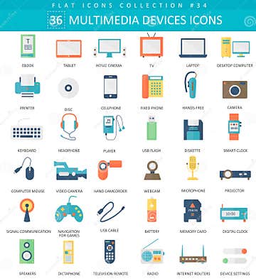 Vector Multimedia Devices Flat Icon Set. Elegant Style Design. Stock ...