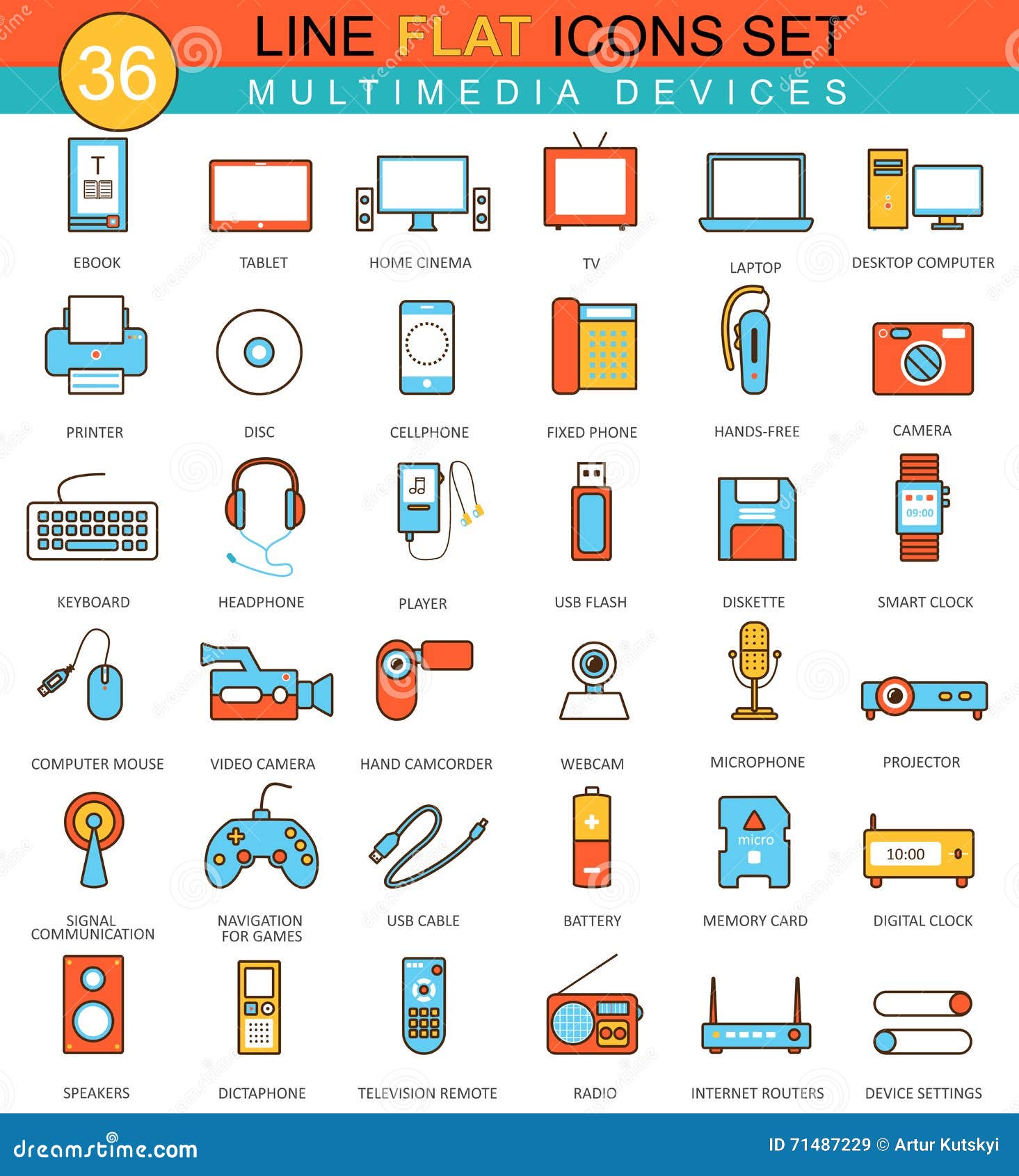 Vector Multimedia Devices Flat Line Icon Set. Modern Elegant Style ...