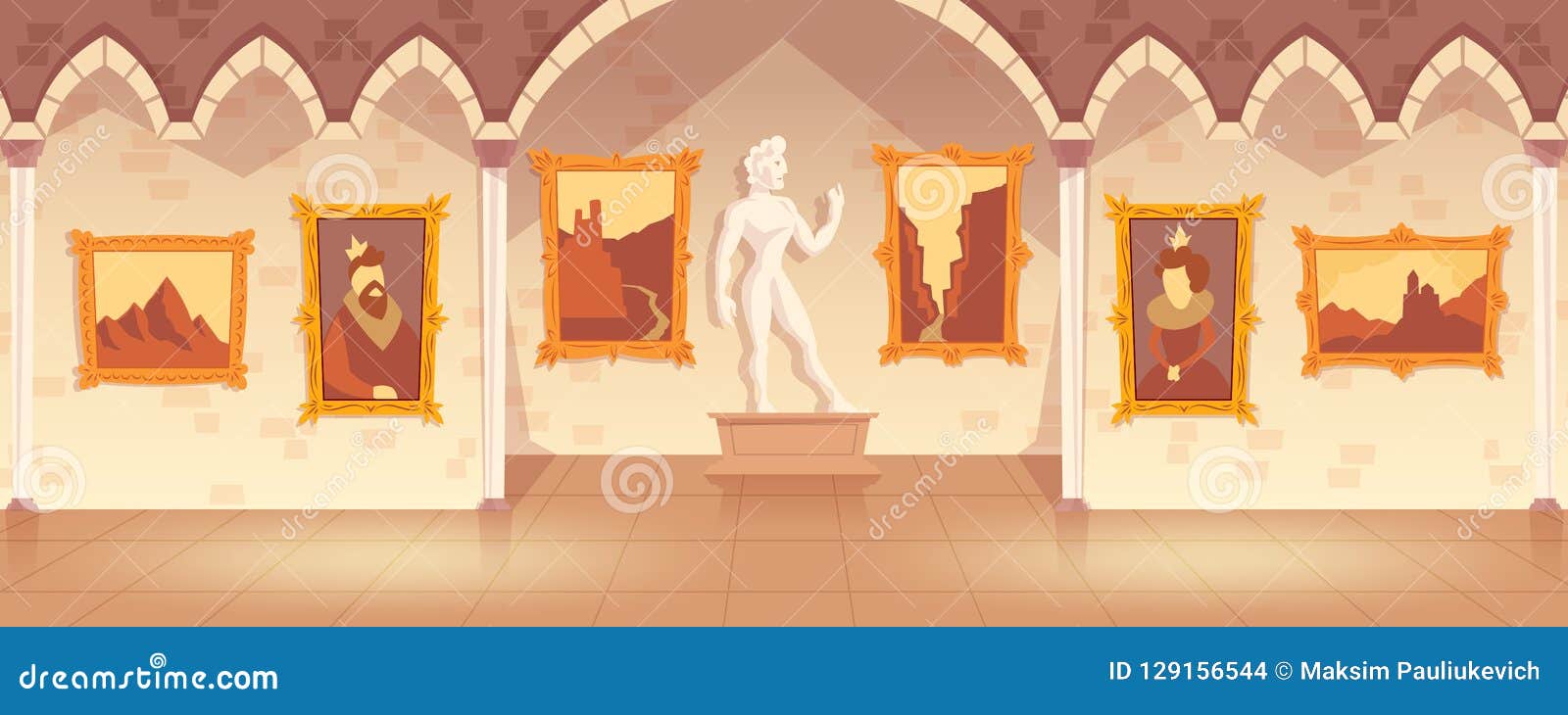 Vector Cartoon Art Gallery In Medieval Palace Stock Vector