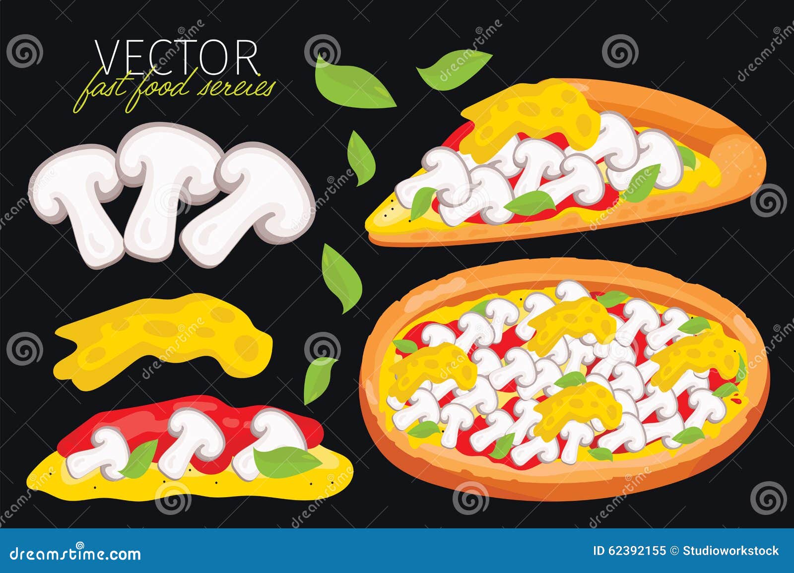 Vector Mushrooms Pizza. Fast Food Set. Stock Vector - Illustration of ...
