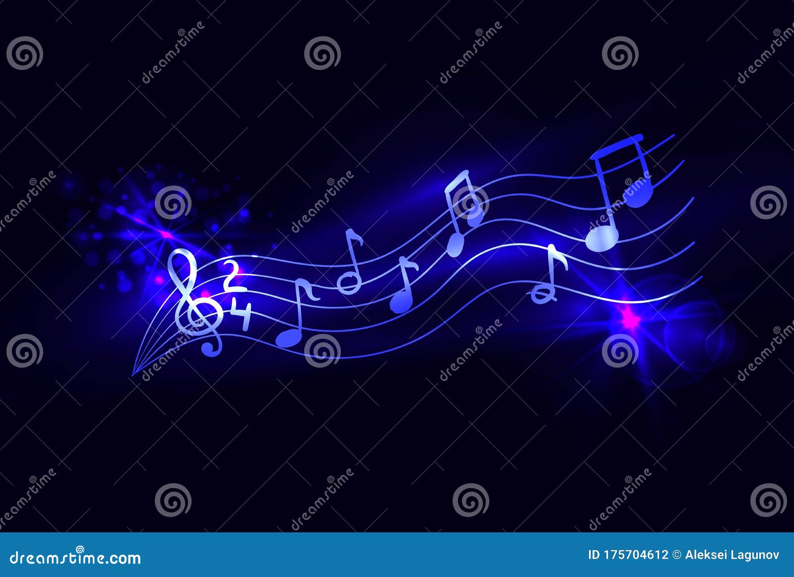 Vector Music Notes Glowing Background, Bright Blue Colors, Glittering ...