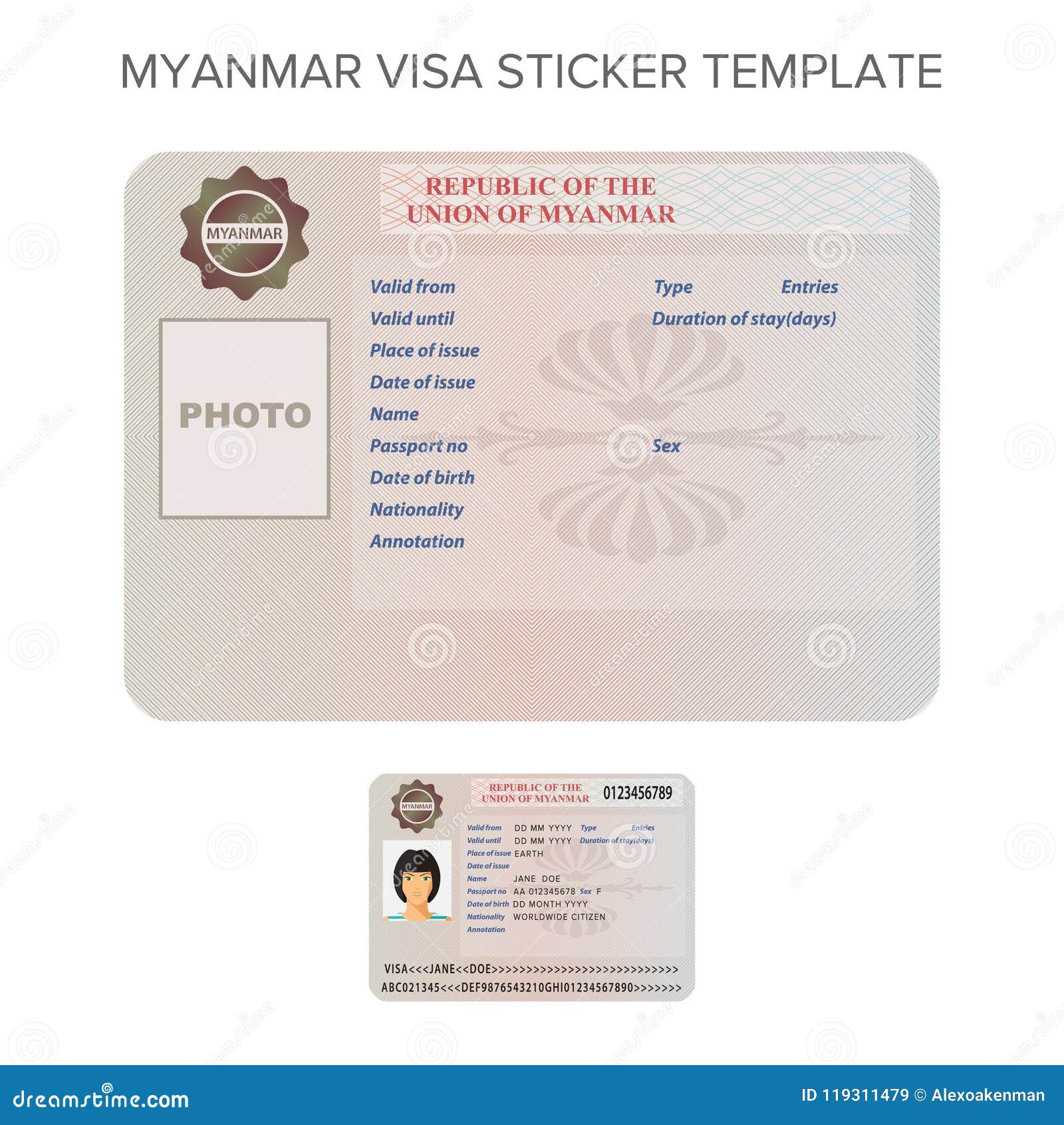Vector Myanmar International Passport Visa Sticker Template in Flat ...
