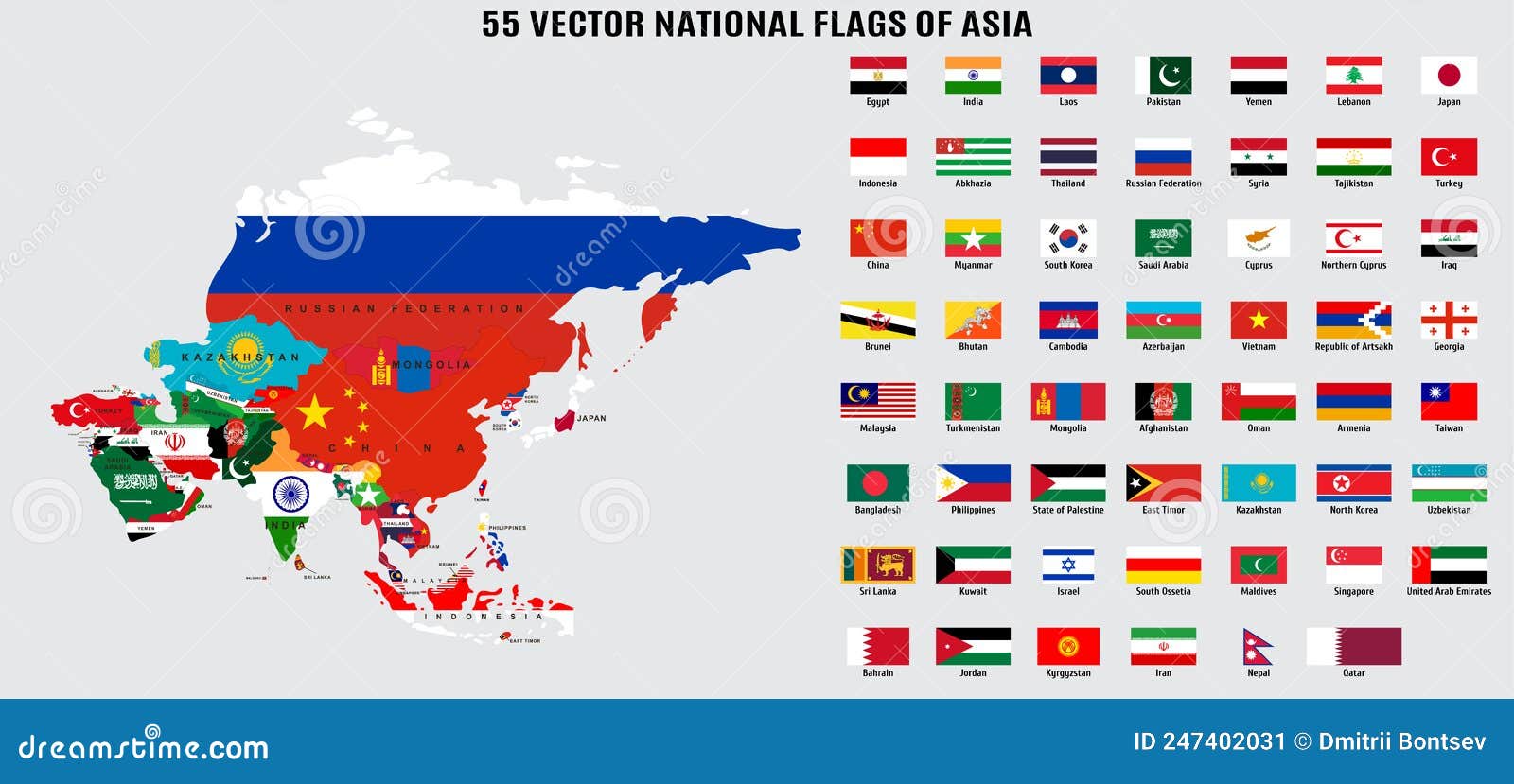 55 Vector National Flags and Map of Asia Stock Vector - Illustration of ...