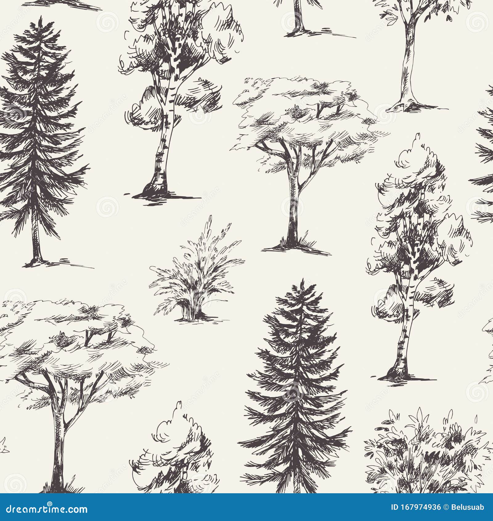 Vector Natural Seamless Pattern of Monochrome Trees Stock Illustration ...