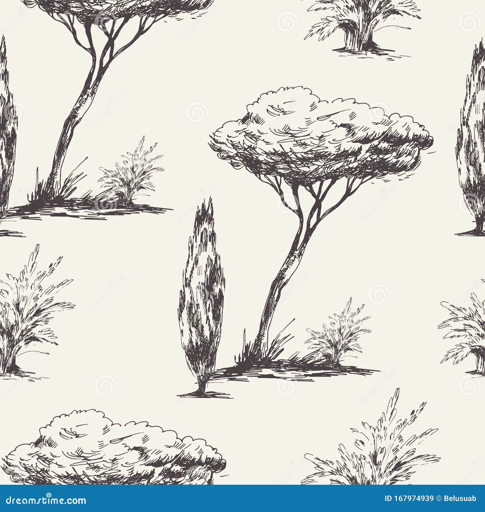 Vector Natural Seamless Pattern of Monochrome Trees Stock Illustration ...