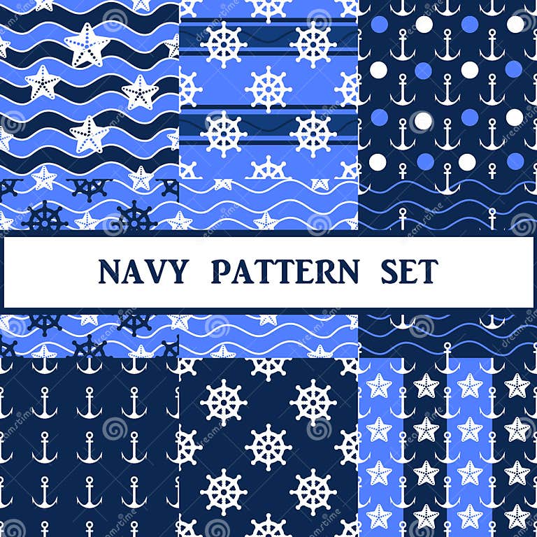 Vector Navy Seamless Pattern Set Stock Vector - Illustration of dark ...