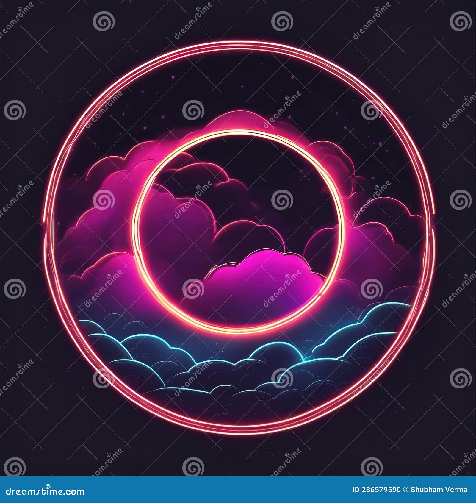 Vector Neon Circle Frame with Round Shapes and Waves Stock Illustration ...