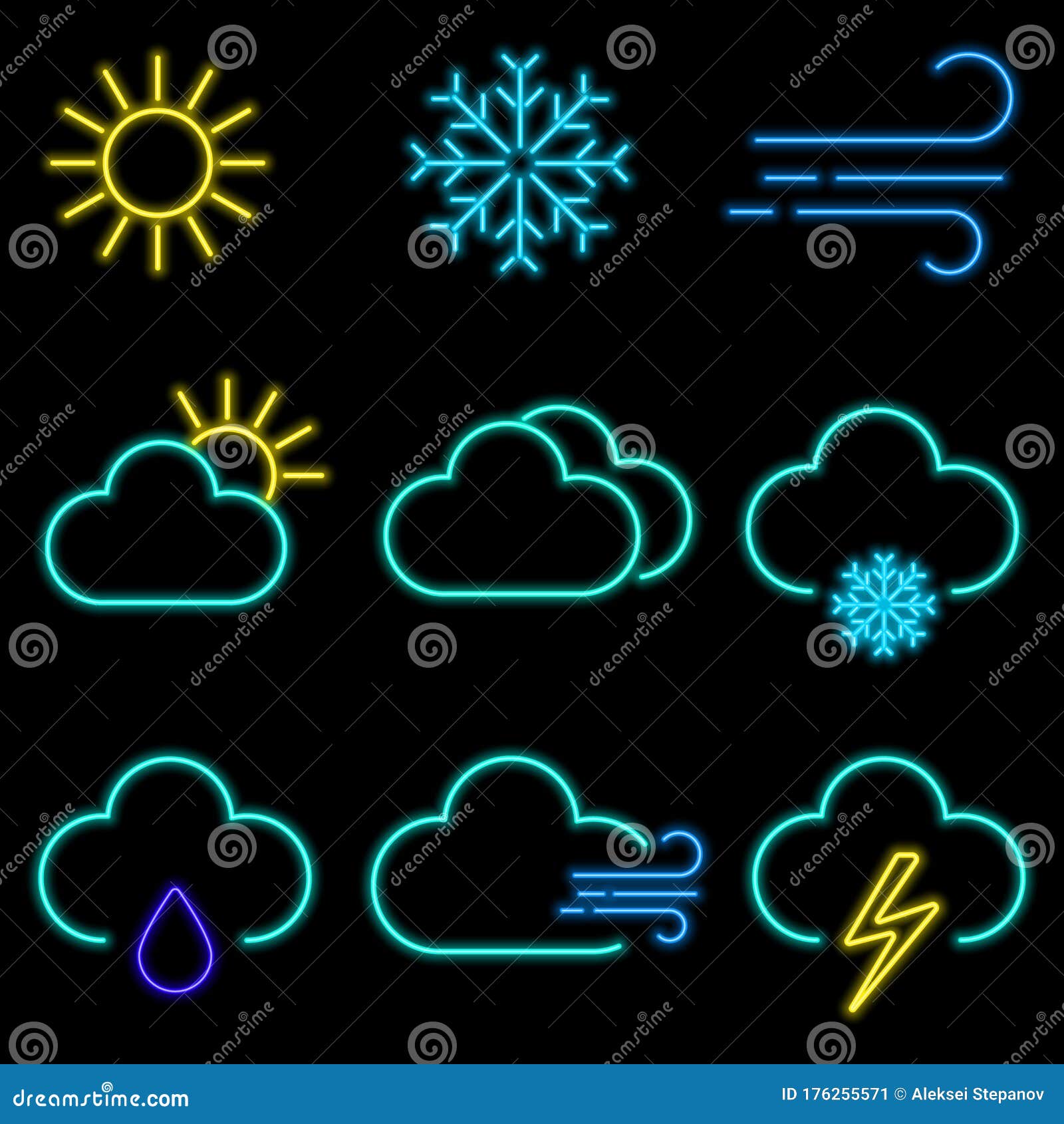 Vector Neon Flat Icon Set of Wether Meteo Stock Illustration ...