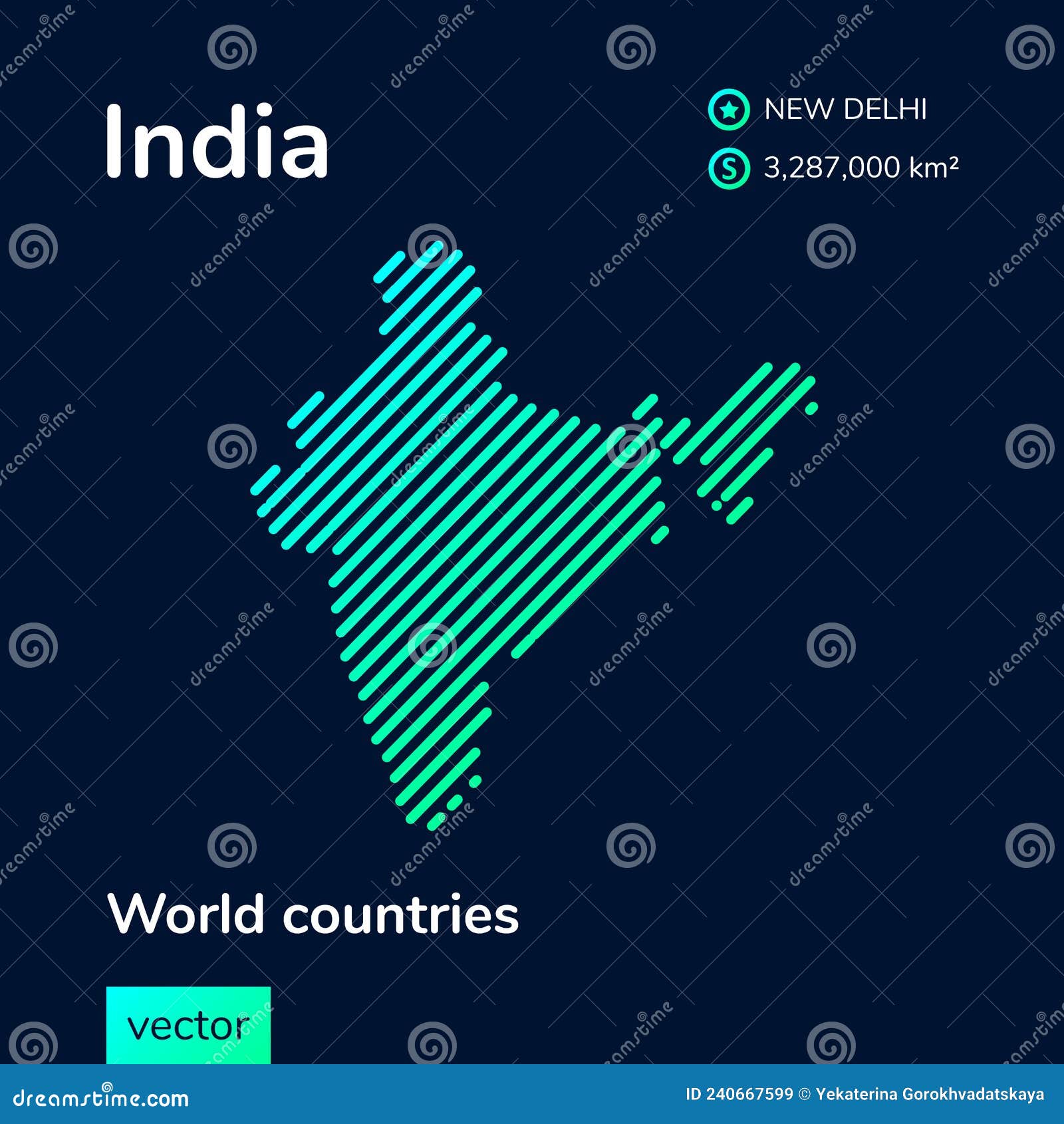Vector Neon Flat Map of India with Green, Mint, Turquoise Striped ...