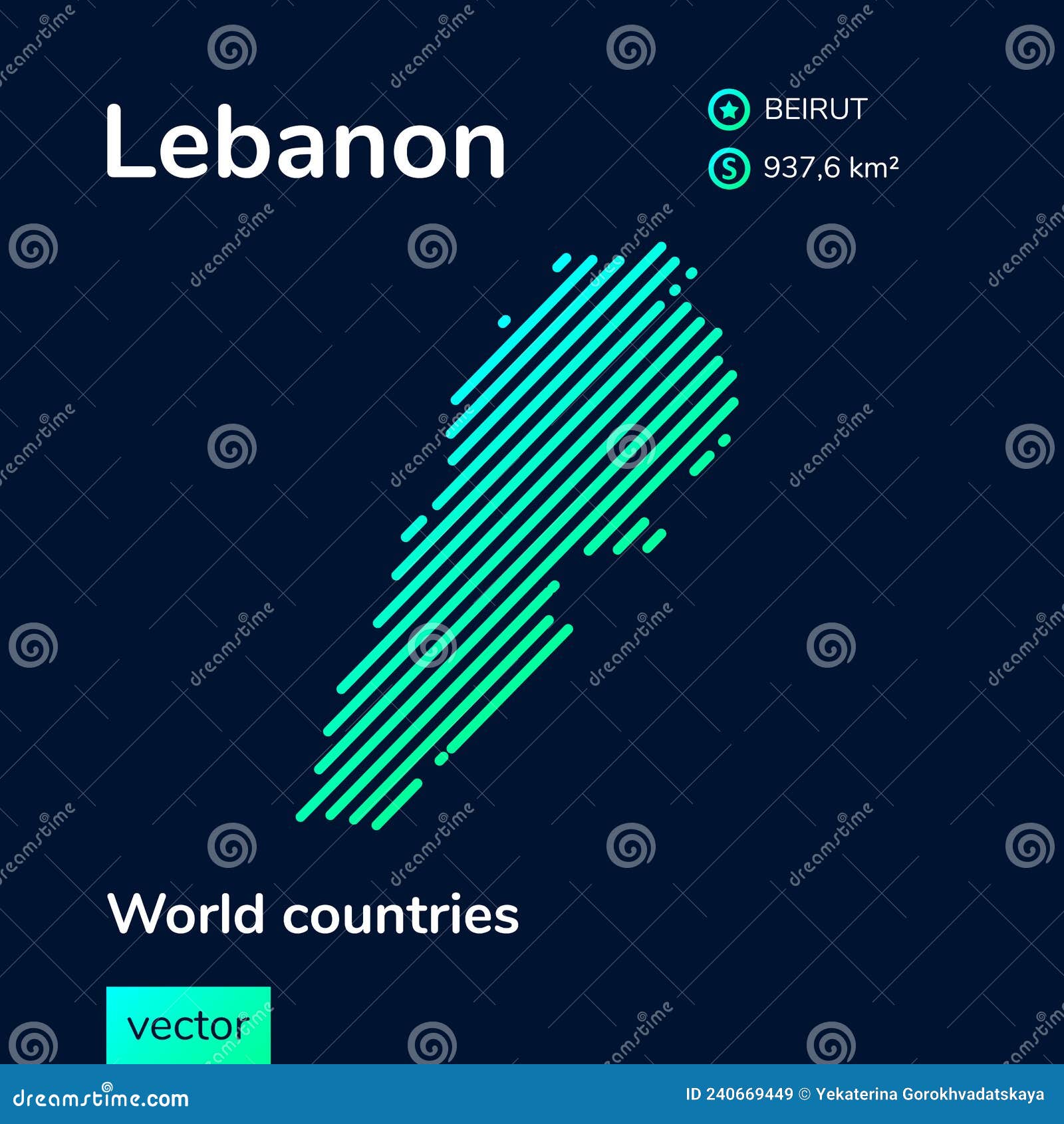 Vector Neon Flat Map of Lebanon with Green, Mint, Turquoise Striped ...