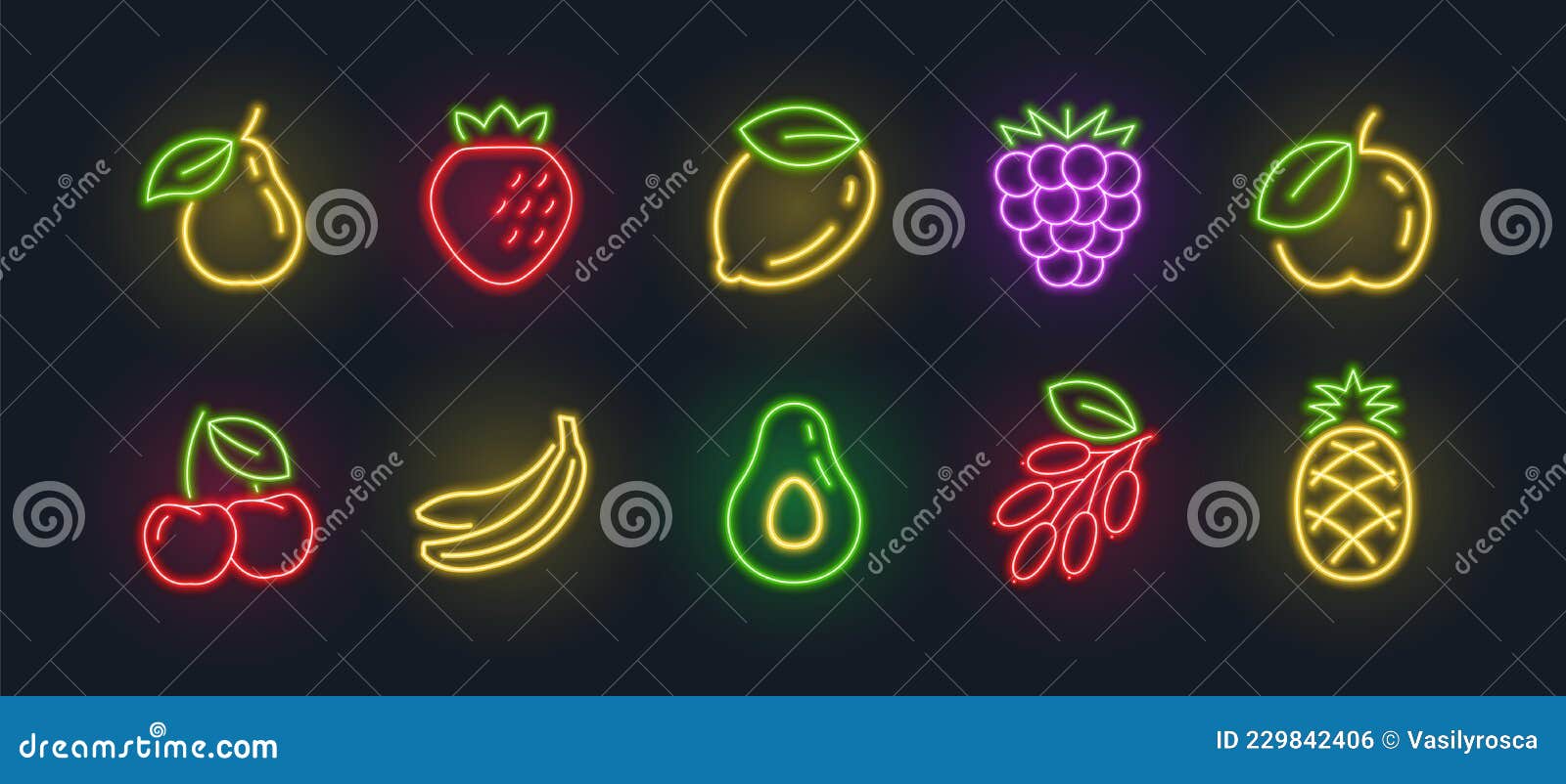 Vector Neon Fruits Isolated Linear Set. Neon Fruits Illuminated Icons ...